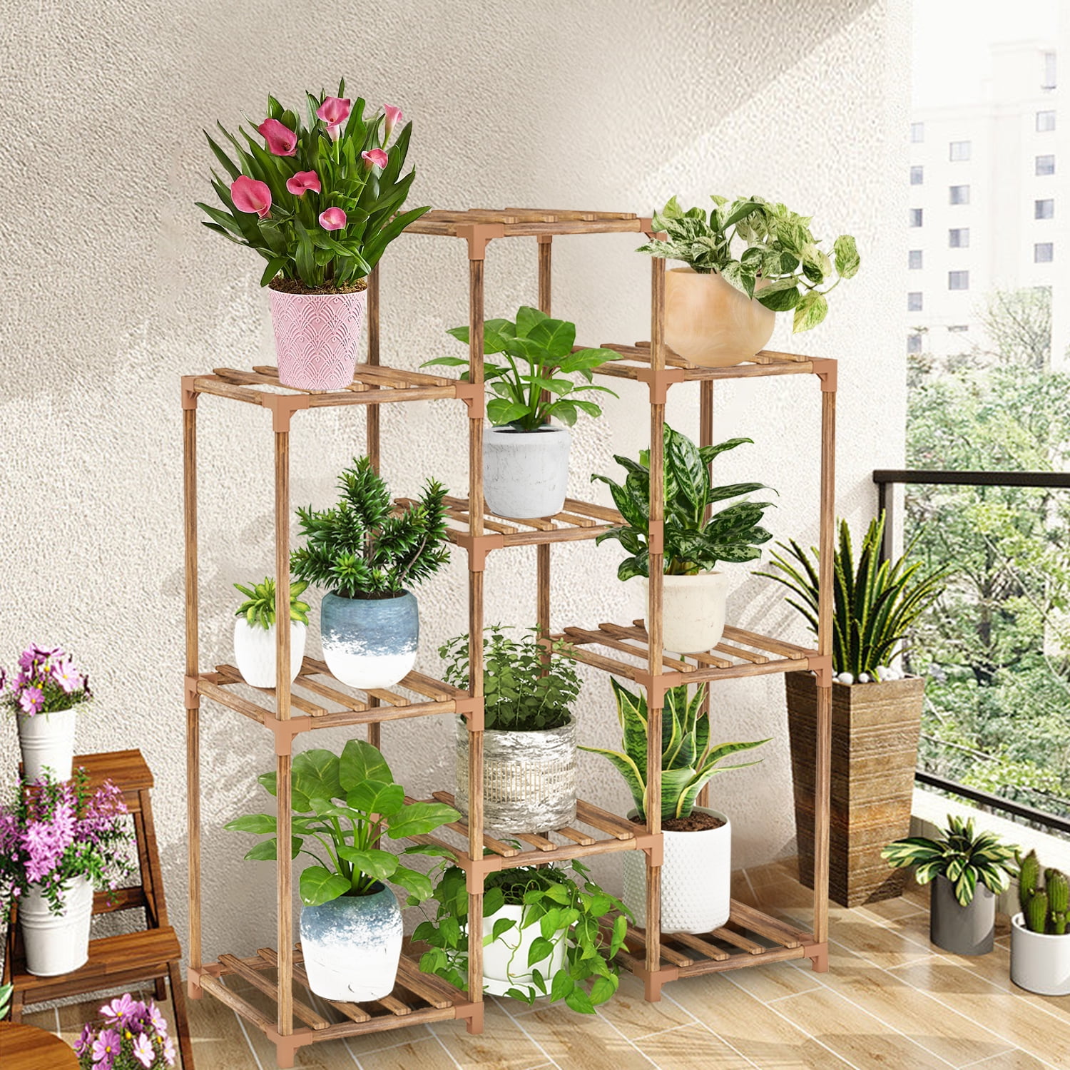 Legines 6-Tier Wooden Plant Stands for Indoor/Outdoor - Holds 9 Potted ...