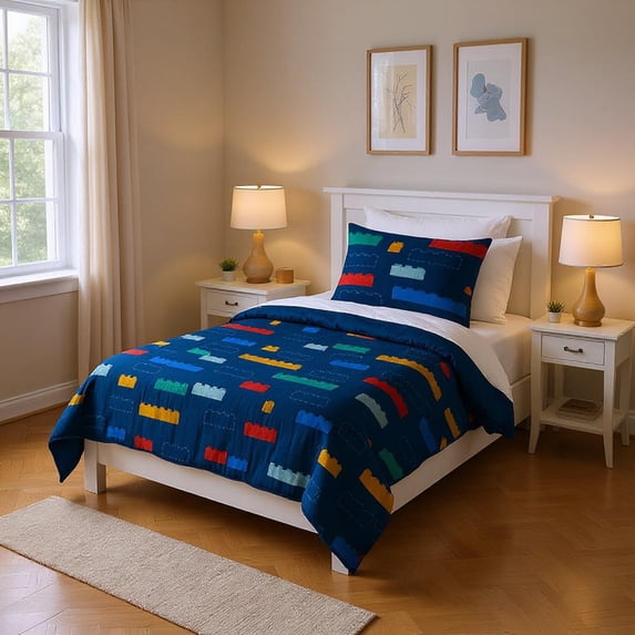 LEGO®, Brick Stripe, Navy, Kids Quilt and Sham Bedding Set, Twin/Full ...