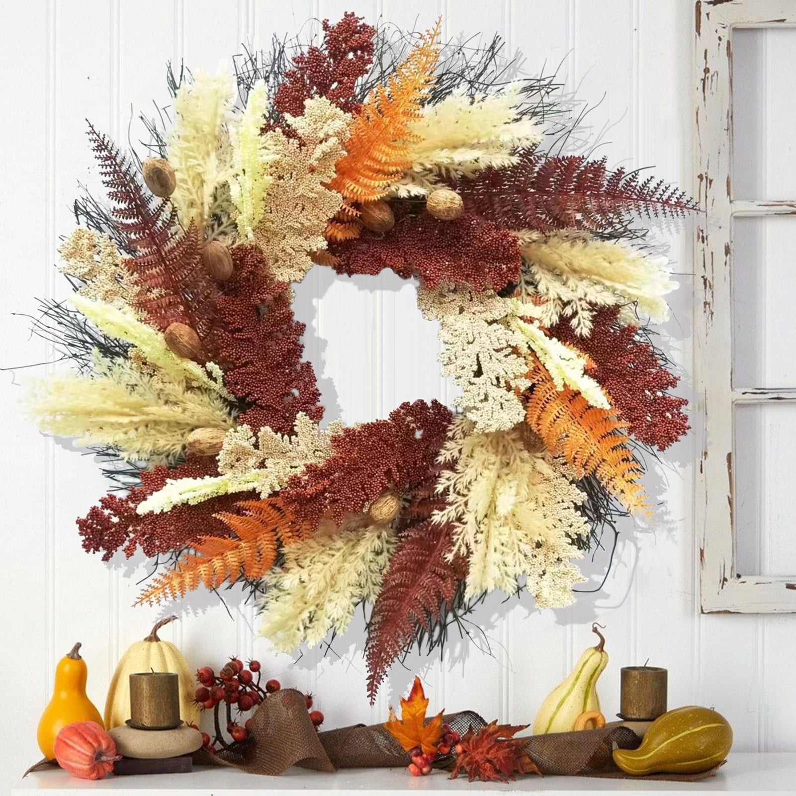 Legxiet Fall Wreath Artificial Pampas Grass Fern Autumn Wreath Large ...