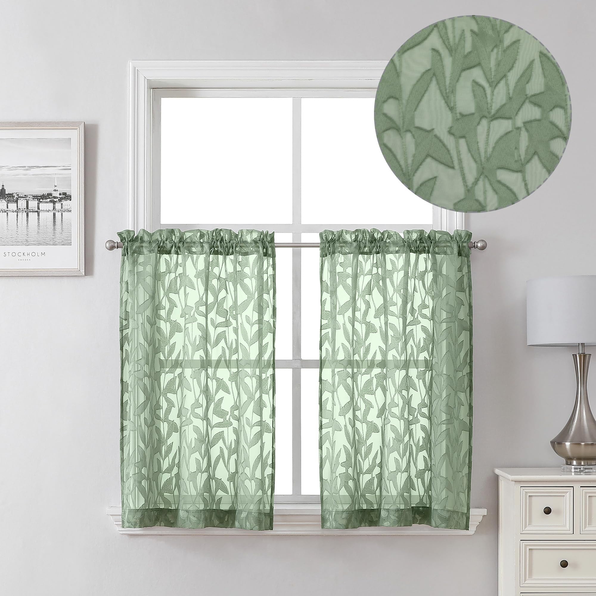 Leia 36 Inch Sheer Kitchen Curtains Sage Green, Double Rod Pocket Voile ...