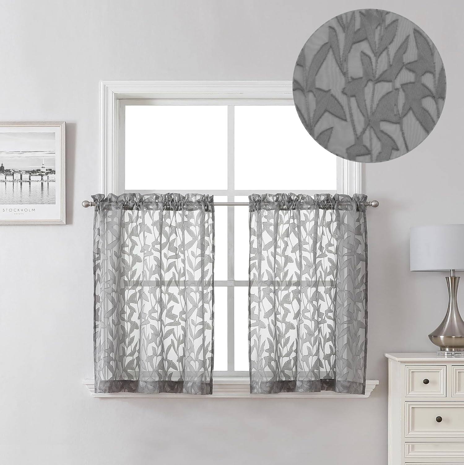 Leia Clip Leaf Charcoal Grey Curtains Tiers Sheer Valances for Windows ...