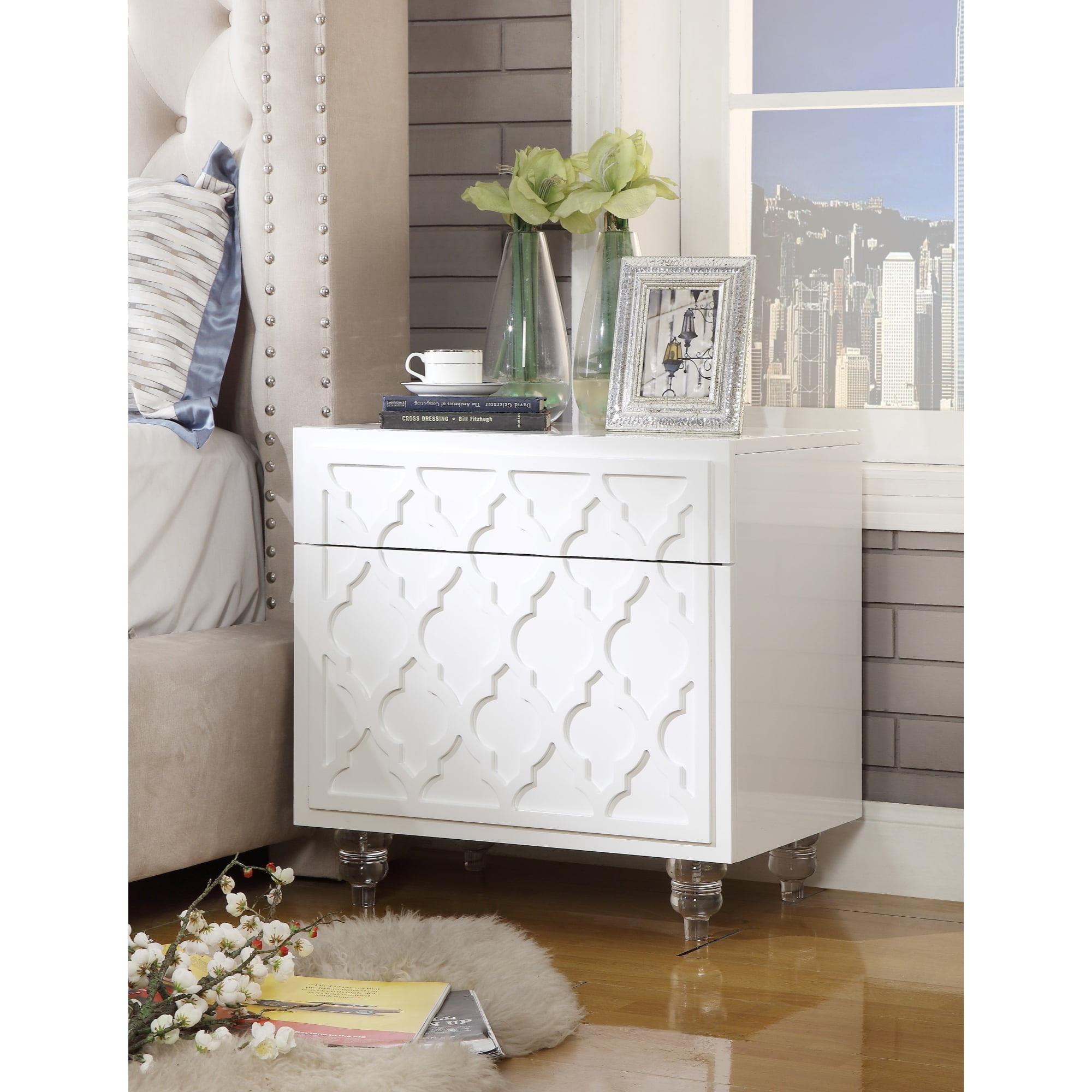 Leife White Side Table - Trellis Lacquer-Finish, Lucite Leg, - Walmart.com