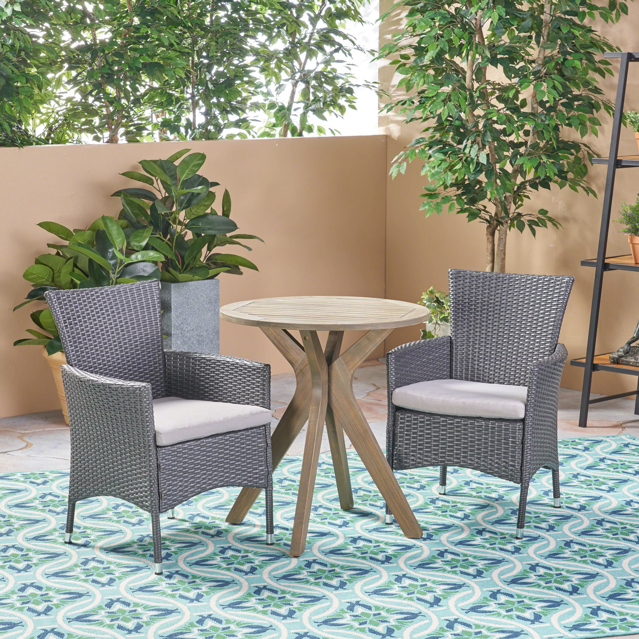 Noble House Jillian 3-Piece Outdoor Acacia Wood and Wicker Bistro Set ...