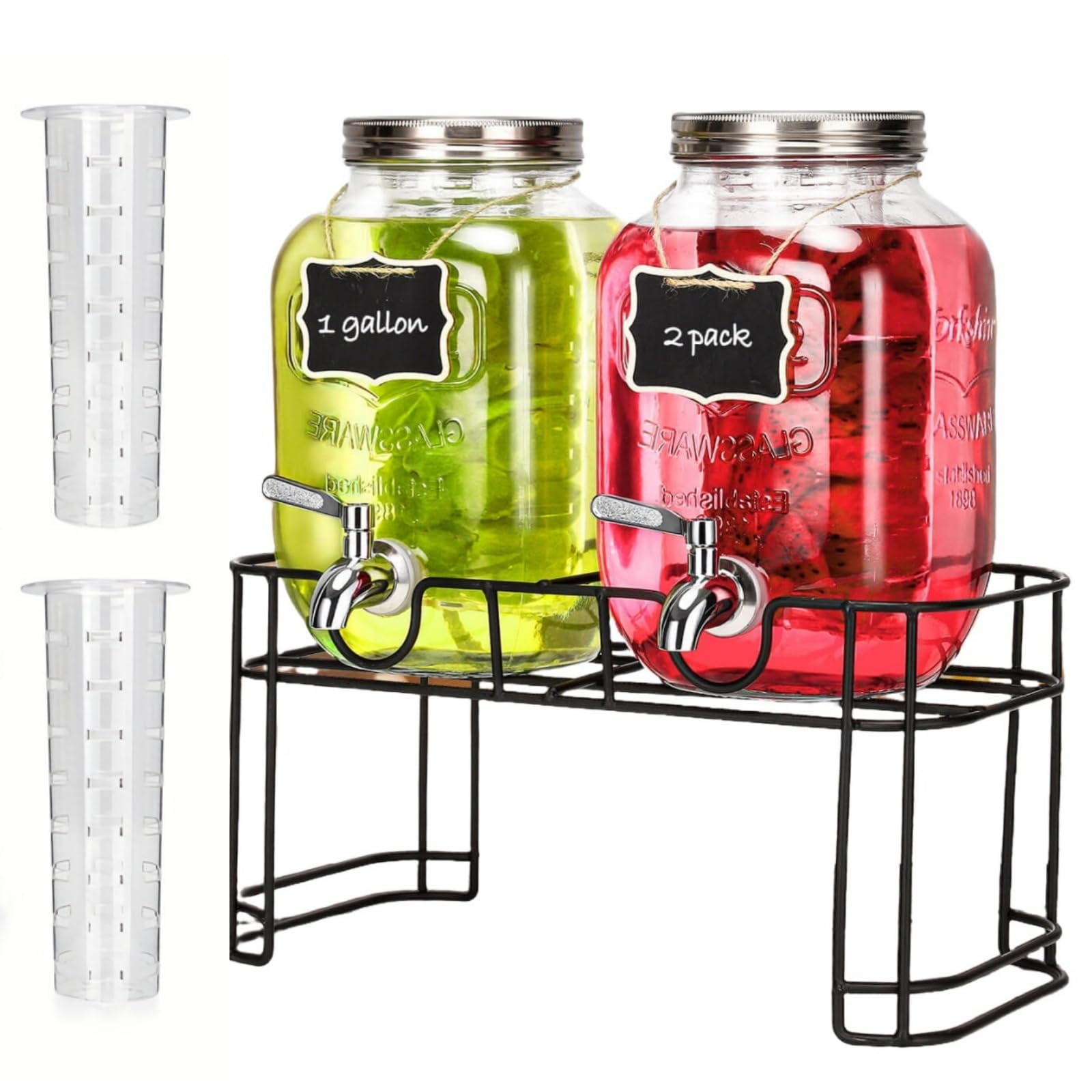 Leilifre 2-Pack 1 Gallon Glass Beverage Dispenser with Stainless Steel ...