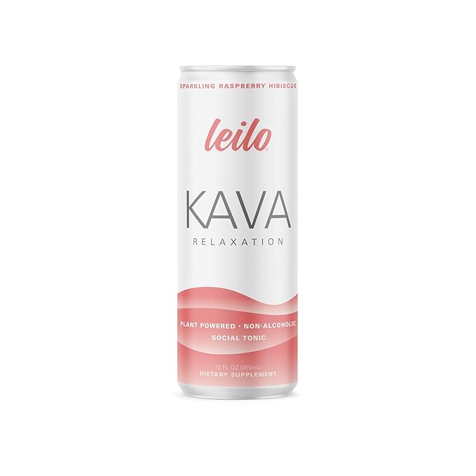 Leilo Kava Drink, Herbal Supplement for Stress-Relief, Raspberry Hibiscus, (12) 12 Oz Cans ...