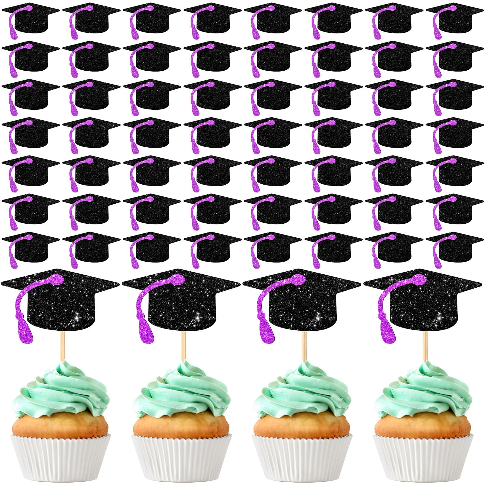 Leinuosen 100 Pcs TWE5 2025 Graduation Cap Cupcake Toppers Bulk Glitter ...