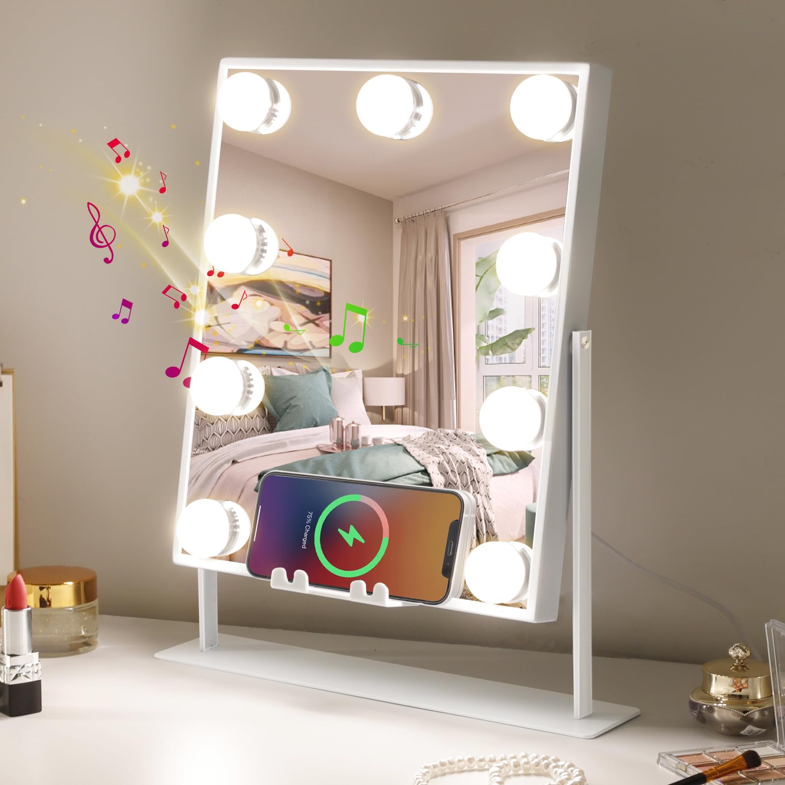 Leishe Vanity Mirror with Lights and Wireless Charging Lighted Makeup ...