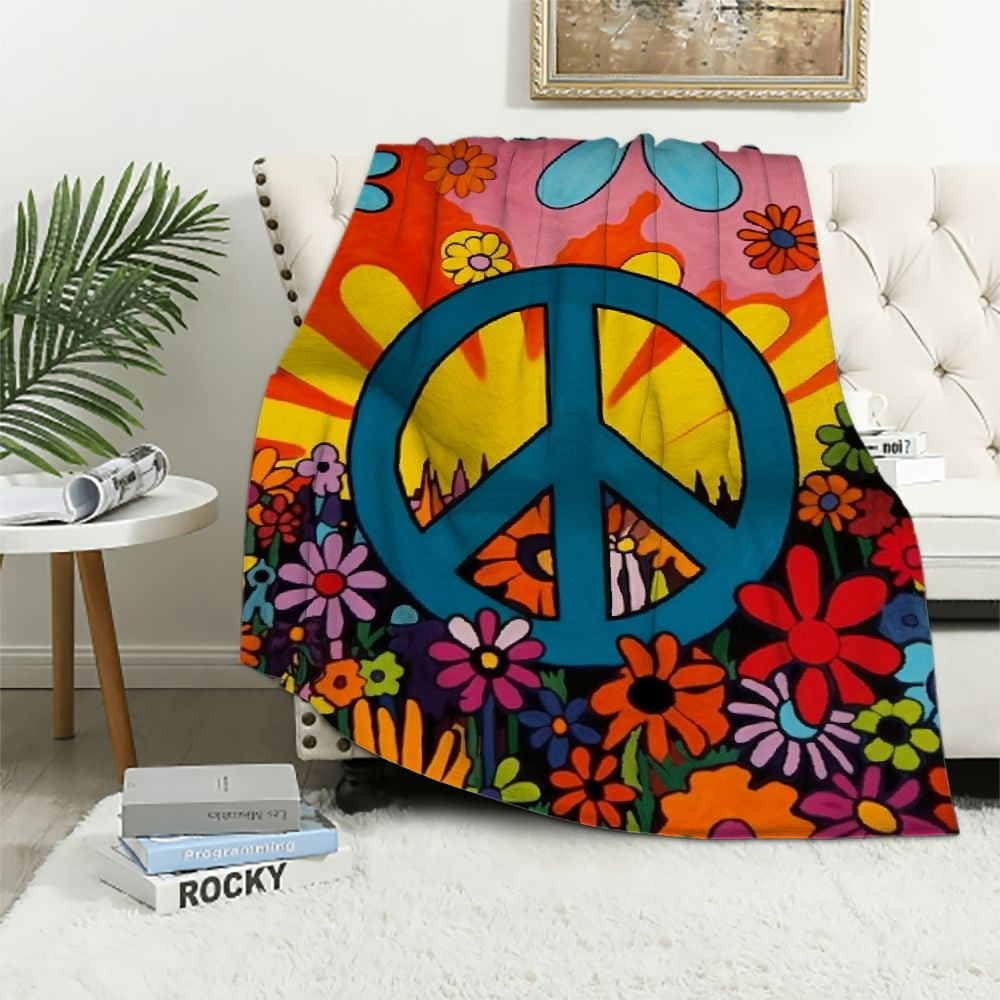 Leisuo Peace Sign Throw Blanket Soft Cozy 70s Hippie Style Flannel ...