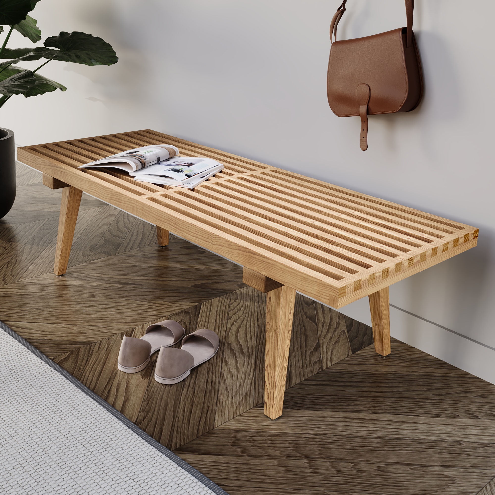 LeisureMod 48" Entryway Bench, Rubberwood Frame & Beech Wood Legs ...