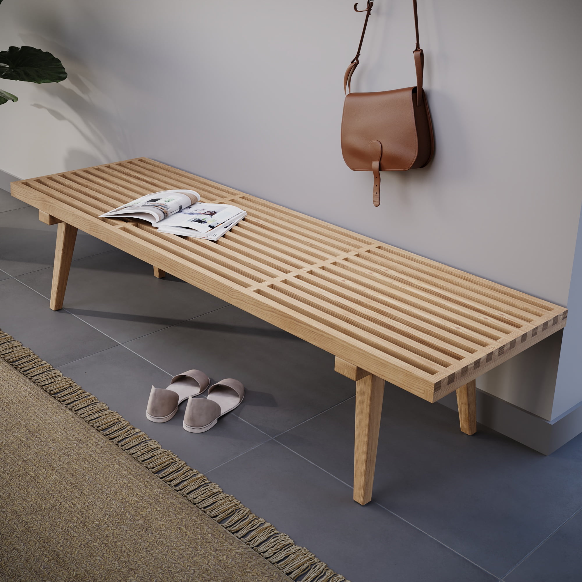 LeisureMod 60” Wide Platform Bench with Rectangular Rubberwood Frame ...