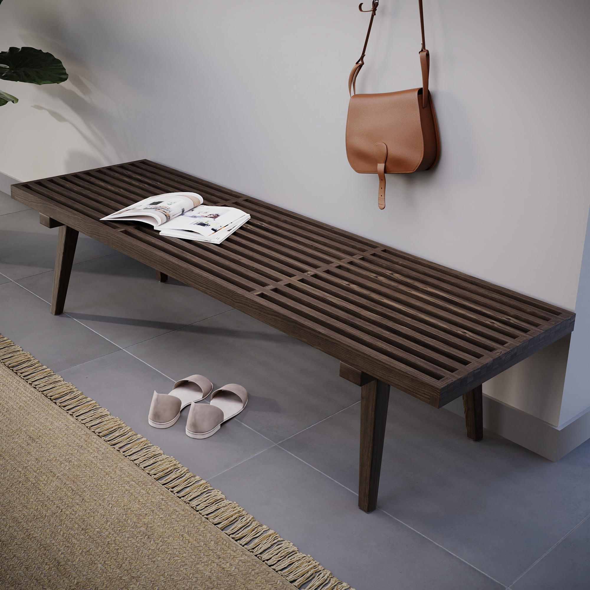 LeisureMod 60” Wide Platform Bench with Rectangular Rubberwood Frame ...