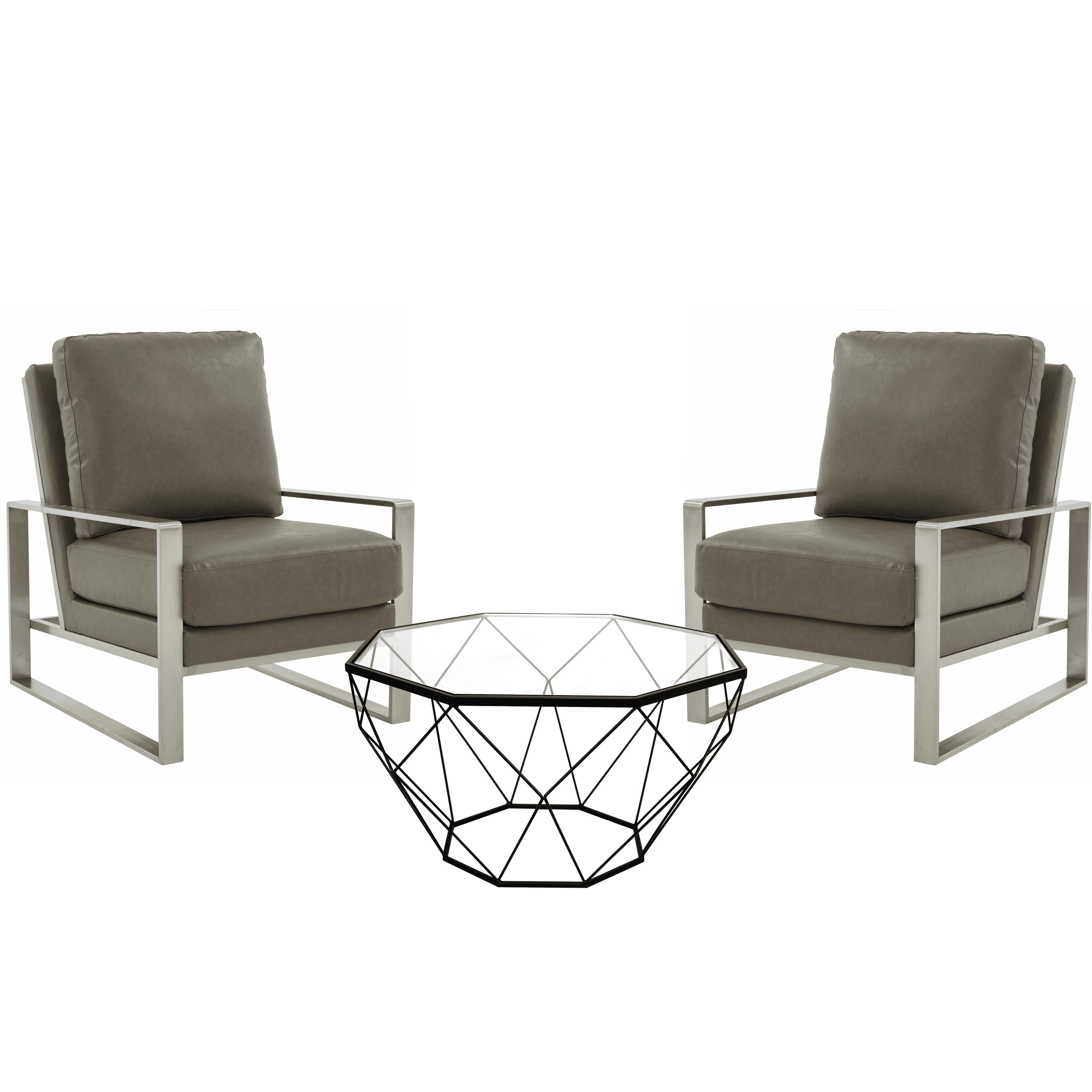 LeisureMod Jefferson 3-Piece Living Room Set with Leather Arm Chairs ...