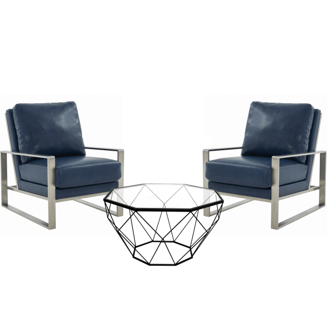 LeisureMod Jefferson 3-Piece Living Room Set with Leather Arm Chairs ...