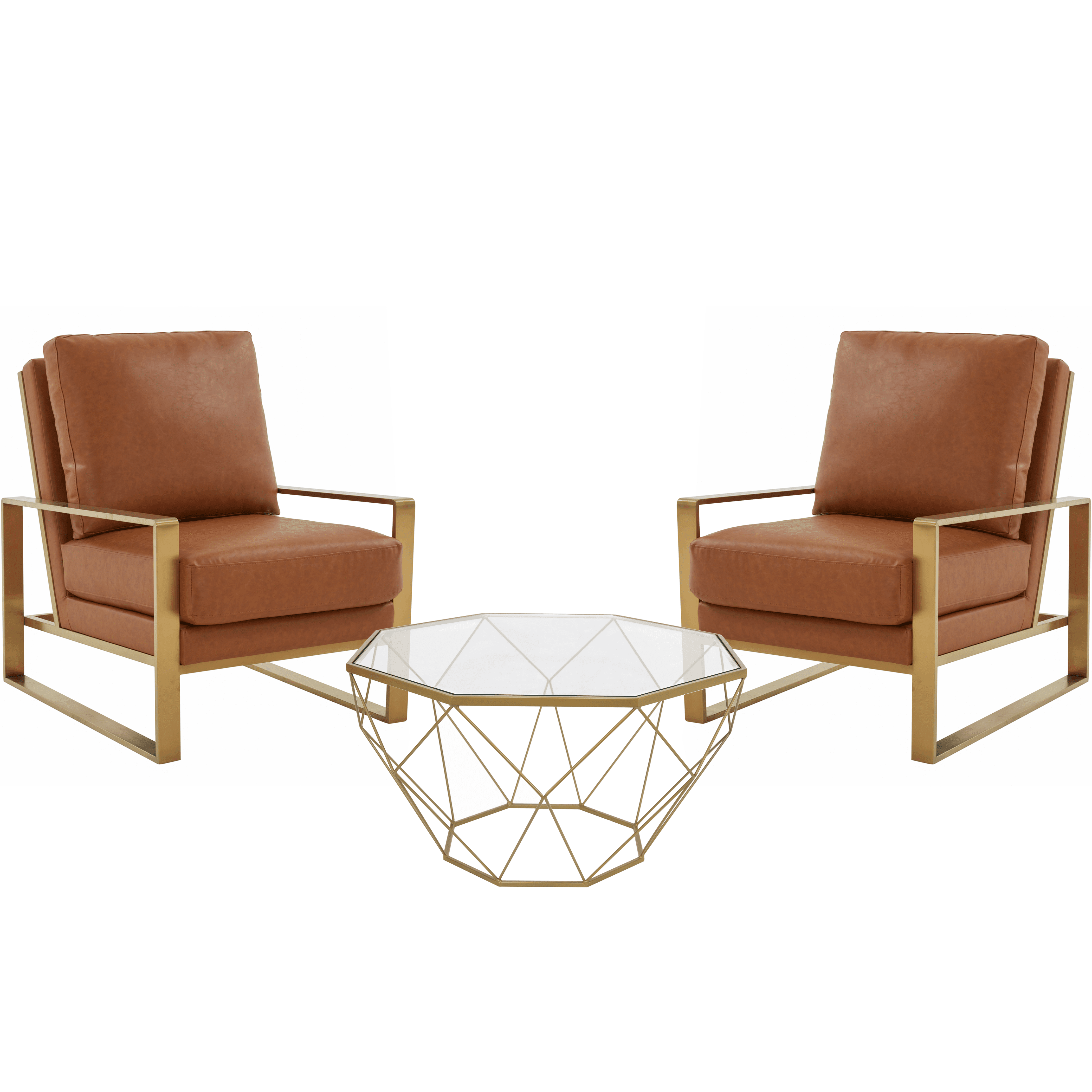 LeisureMod Jefferson 3-Piece Living Room Set with Leather Arm Chairs ...