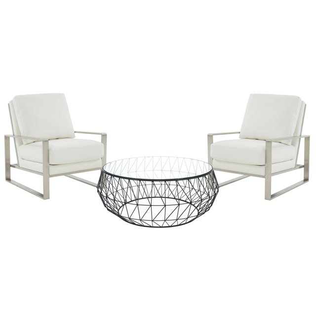 LeisureMod Jefferson Modern 3-Piece Leather Arm Chair with Round Coffee ...