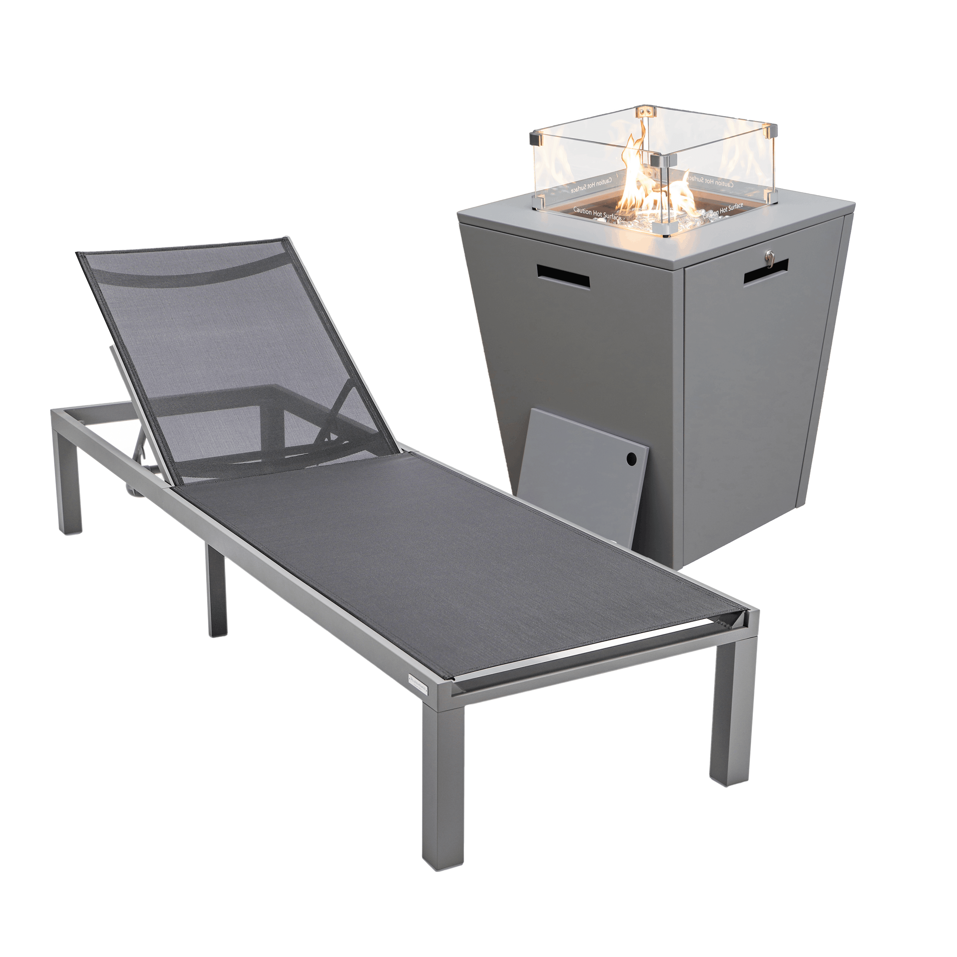 LeisureMod Marlin Modern Grey Aluminum Outdoor Patio Chaise Lounge Chair with Square Fire Pit ...