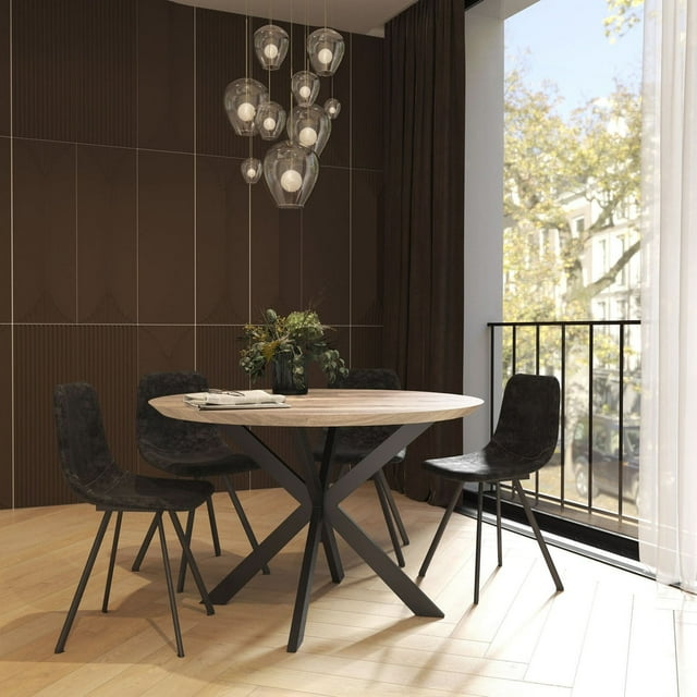 LeisureMod Ravenna 47" Round Dining Table, Natural Wood Top with Black ...