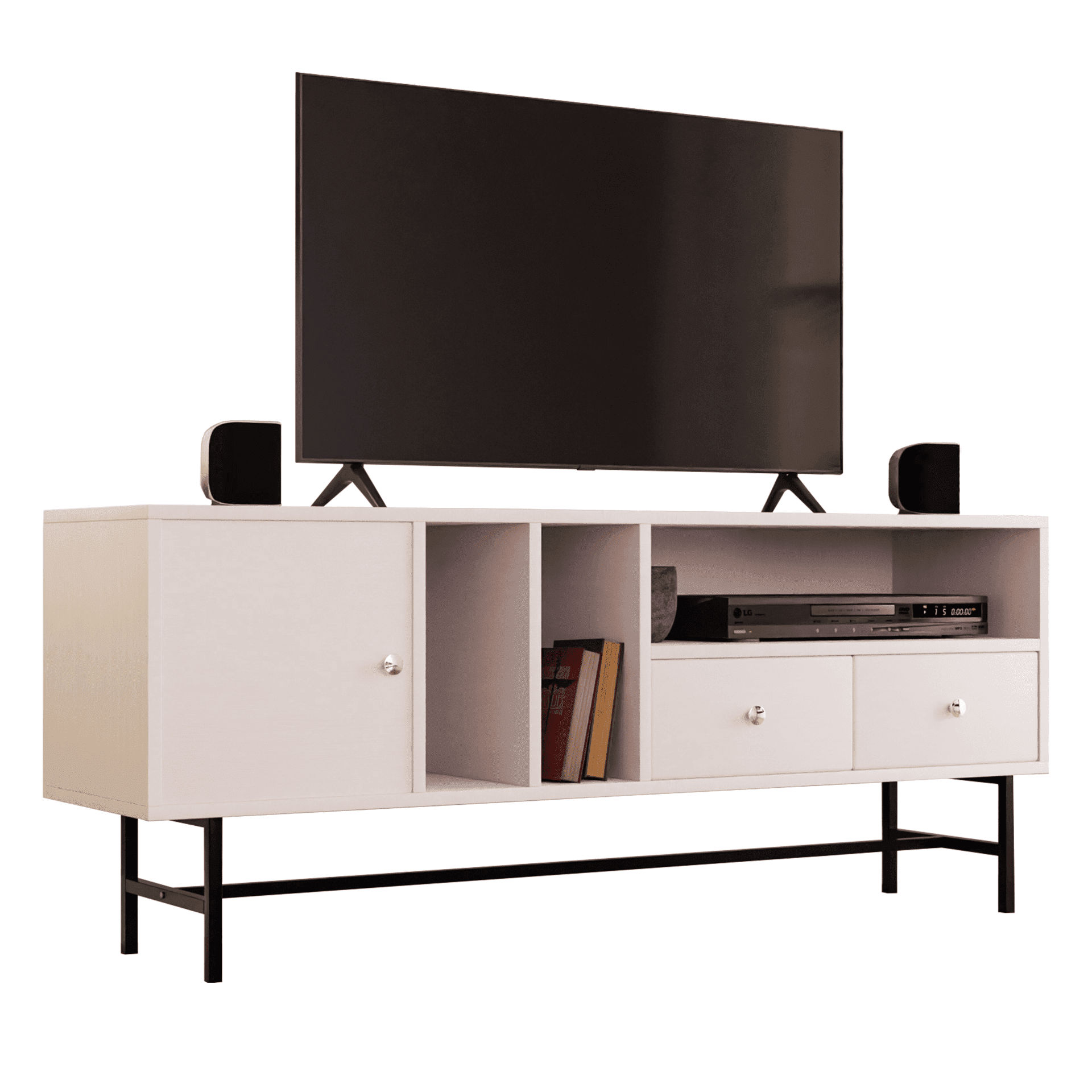 LeisureMod Rectangular TV Stand in MDF with Enclosed Cabinets and ...