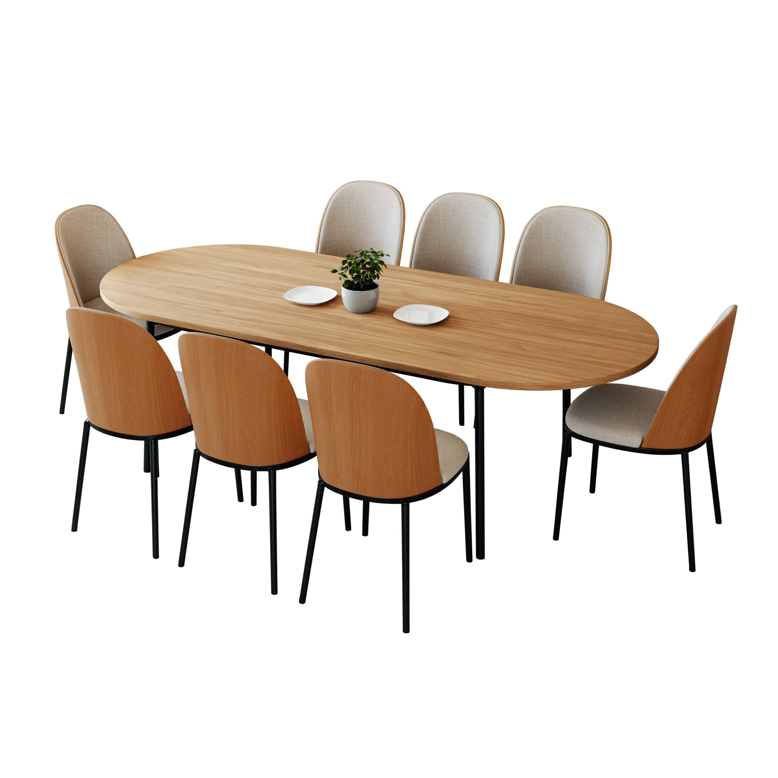 LeisureMod Tule 9-Piece Dining Set in Steel Frame with 8 Upholstered ...