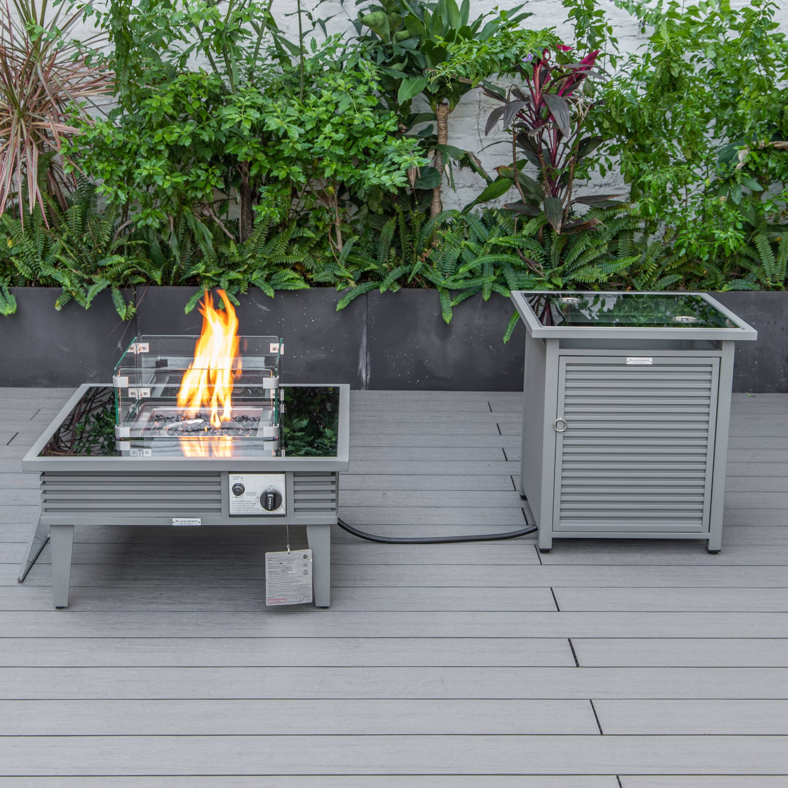 LeisureMod Walbrooke Modern Square Fire Pit Table and Tank Holder with ...