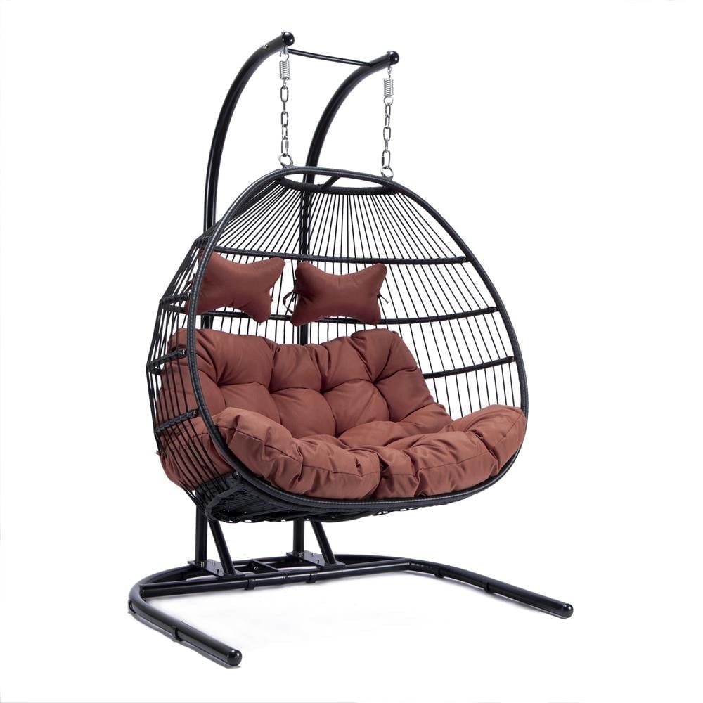 LeisureMod Folding Double Egg Chair Swing Rattan Wicker 2-Seater Porch ...