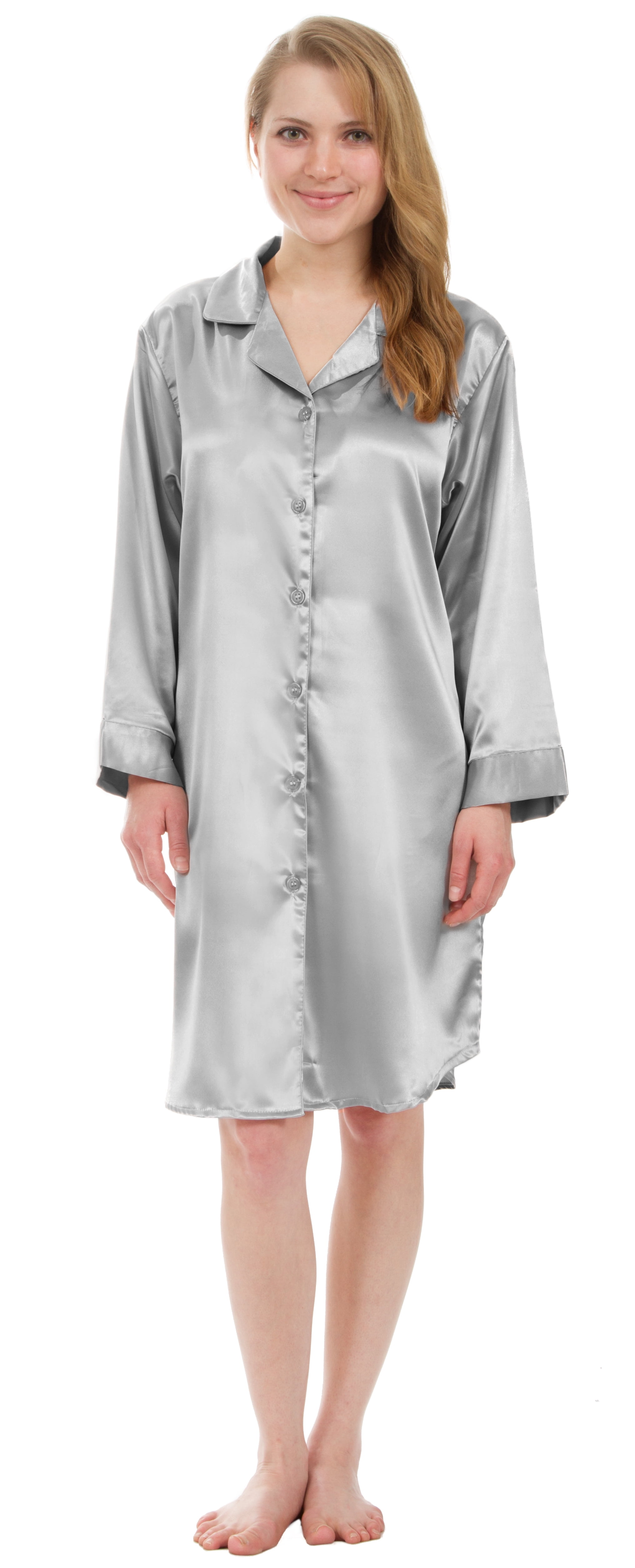 Leisureland Satin Buttoned Robe Nightshirt Boyfriend Style Sleep Shirt ...
