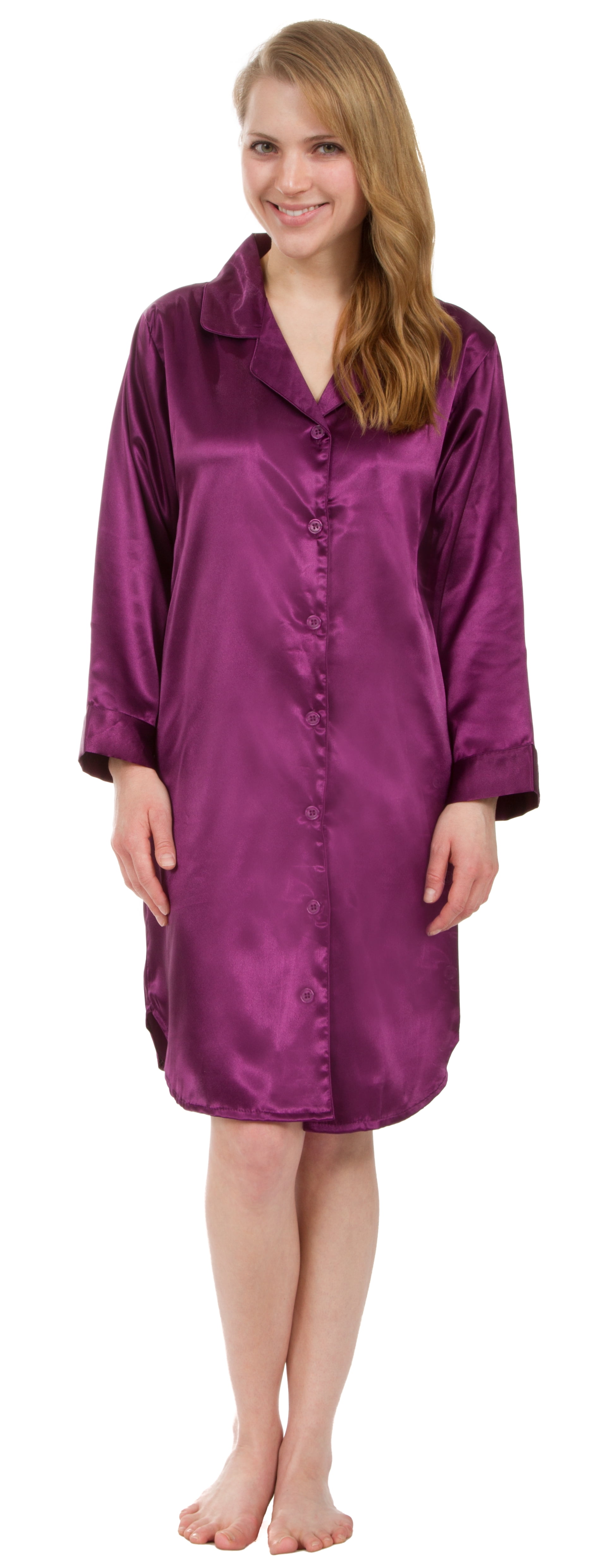 Leisureland Satin Buttoned Robe Nightshirt Boyfriend Style Sleep Shirt ...