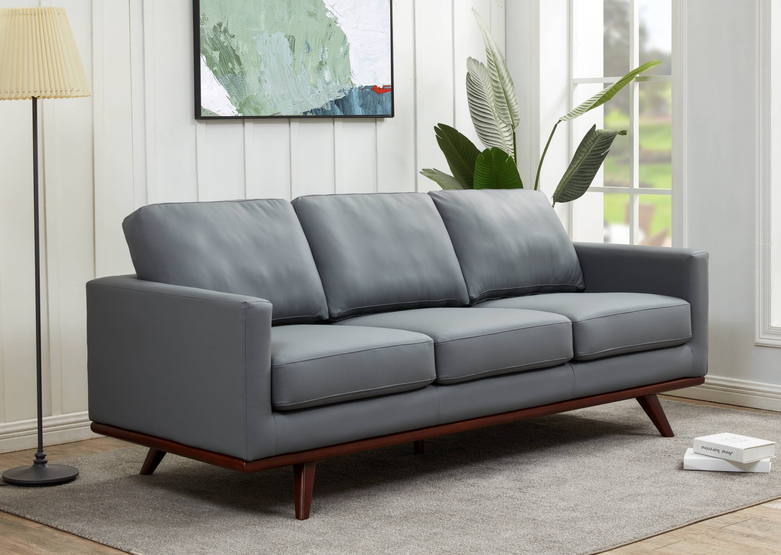 Leisuremod Chester Modern Leather 3 Seater Sofa With Birch Wood Base Mid Century Living Room ...