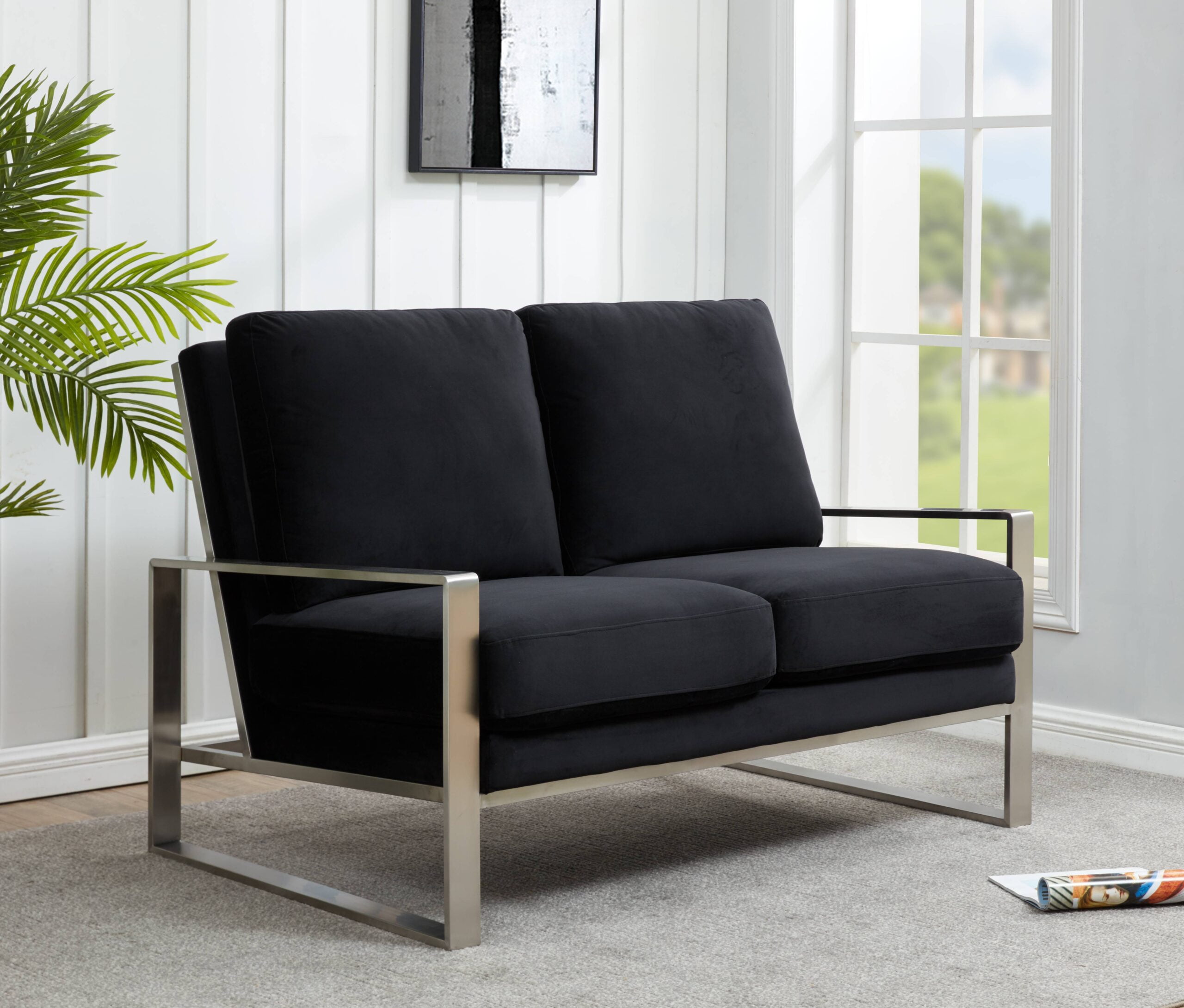 Leisuremod Jefferson Modern Velvet Loveseat With Silver Frame ...