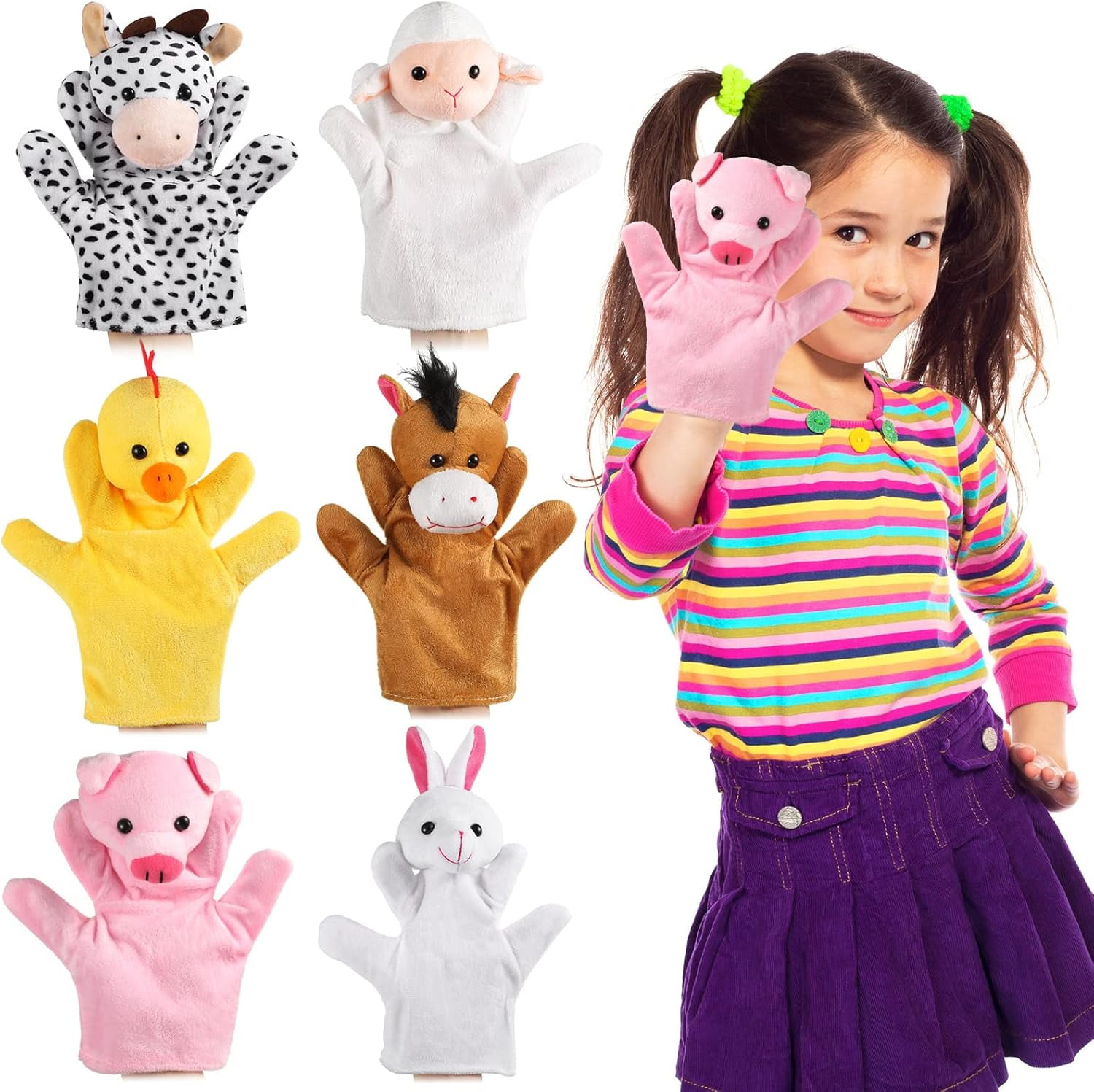 Leitee 6 Pcs Barn Buddies Hand Puppets Farm Animal Plush Toy Hand Puppets Includes Bunny, Cow ...