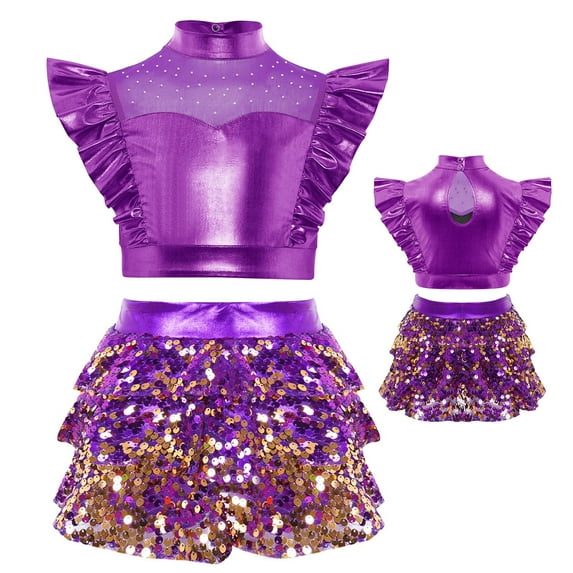 Lejafay Children Girls Ballroom Crop Top with Tiered Ruffled Culottes ...