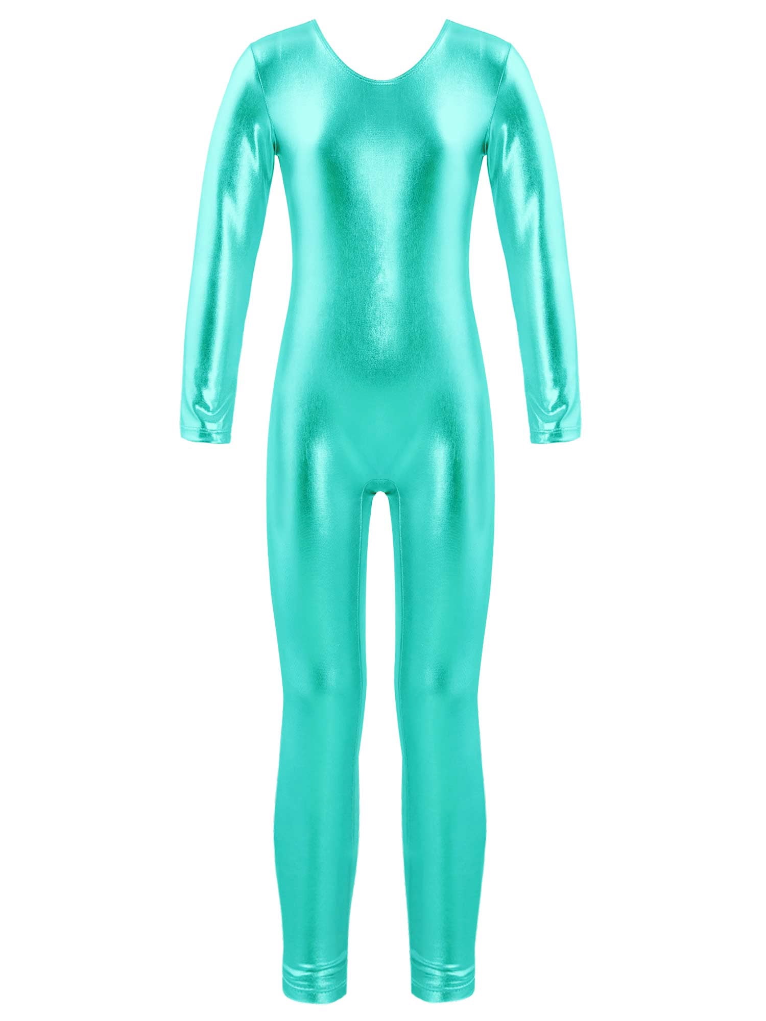 Lejafay Girls Kids Shiny Metallic Long Sleeve Unitard Spandex One Piece ...