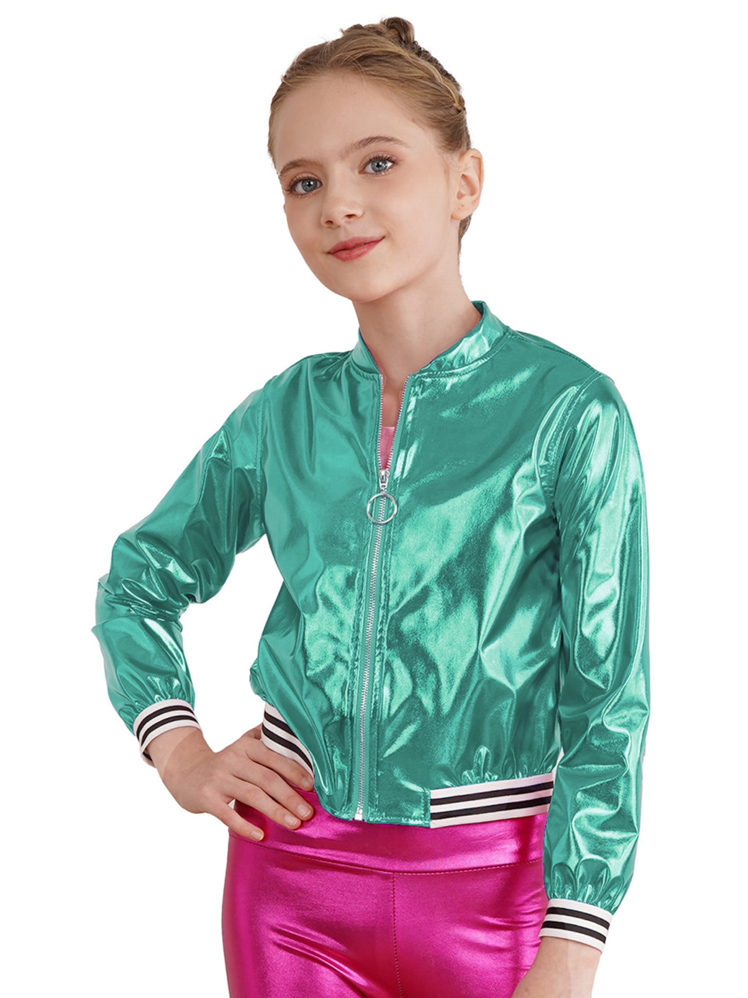 Lejafay Kids Girls Shiny Metallic Baseball Jacket Long Sleeve Sparkle ...