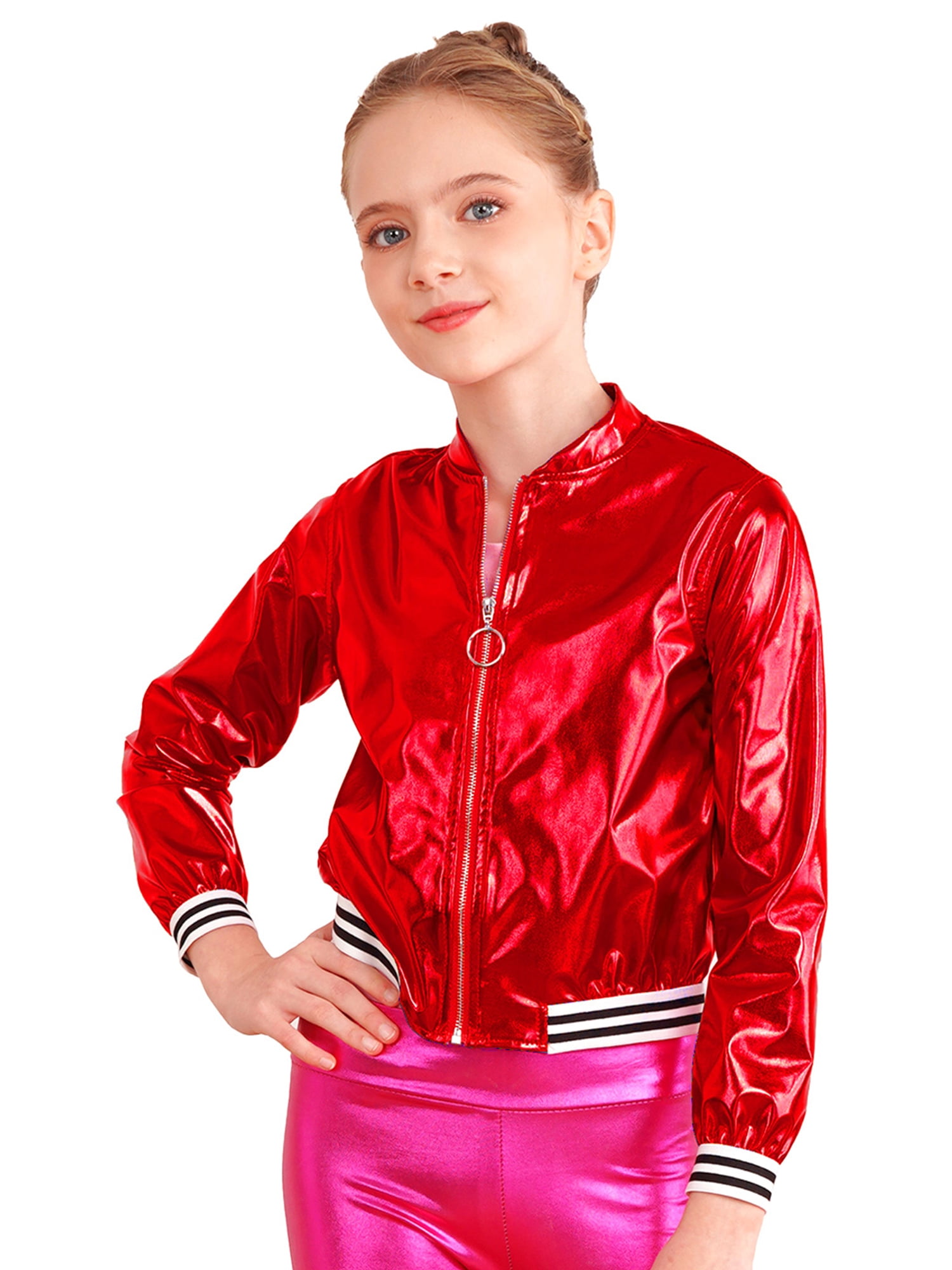 Lejafay Kids Girls Shiny Metallic Baseball Jacket Long Sleeve Sparkle ...