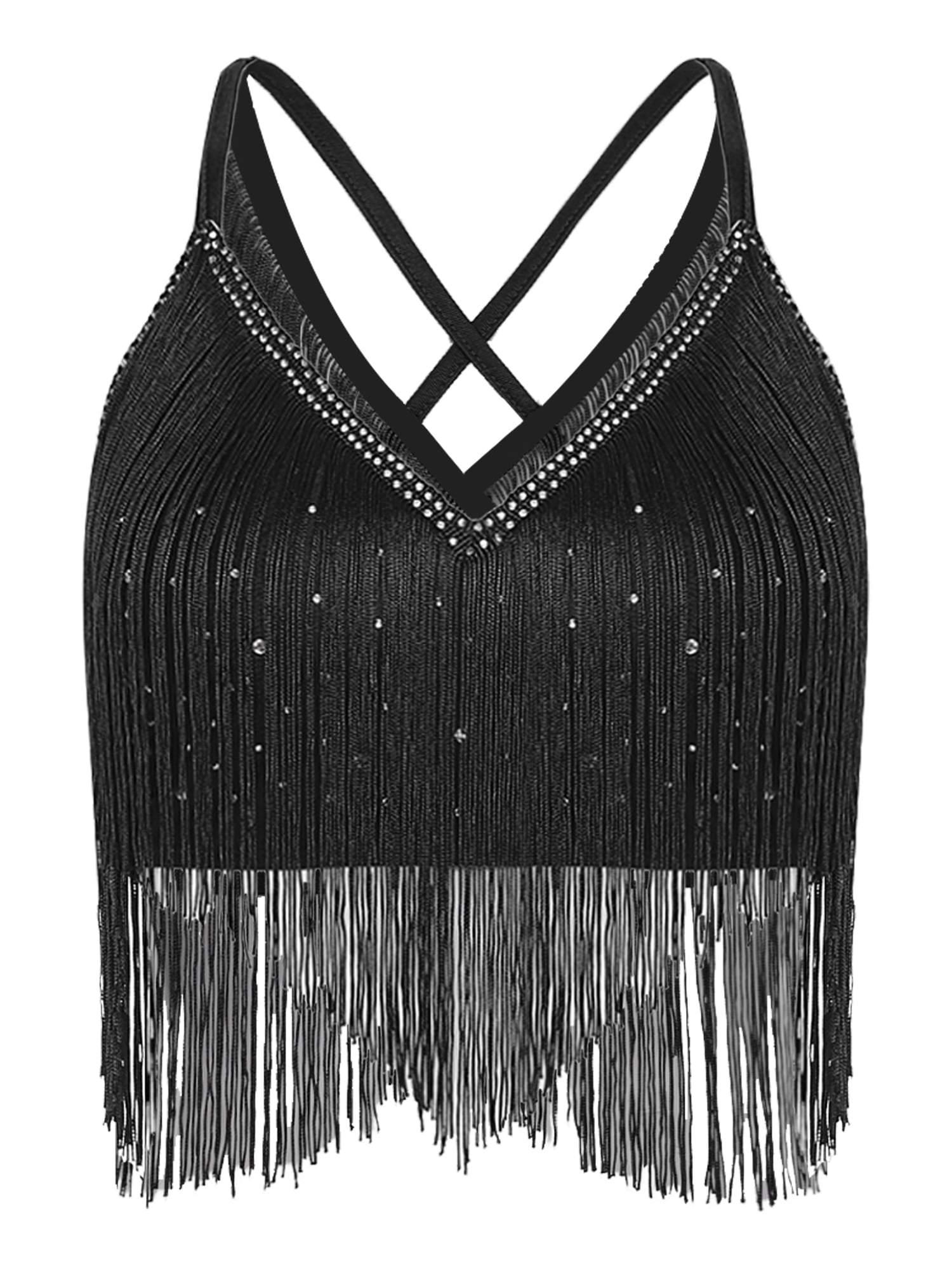 Lejafay Women Salsa Latin Dance Top V-Neck Sleeveless Fringe Crop Top ...