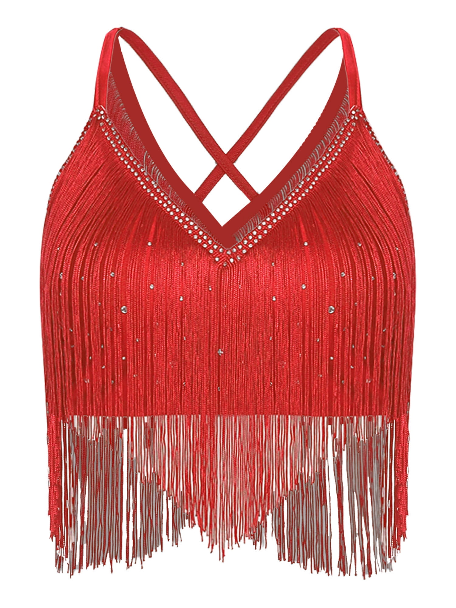 Lejafay Women Salsa Latin Dance Top V-Neck Sleeveless Fringe Crop Top ...