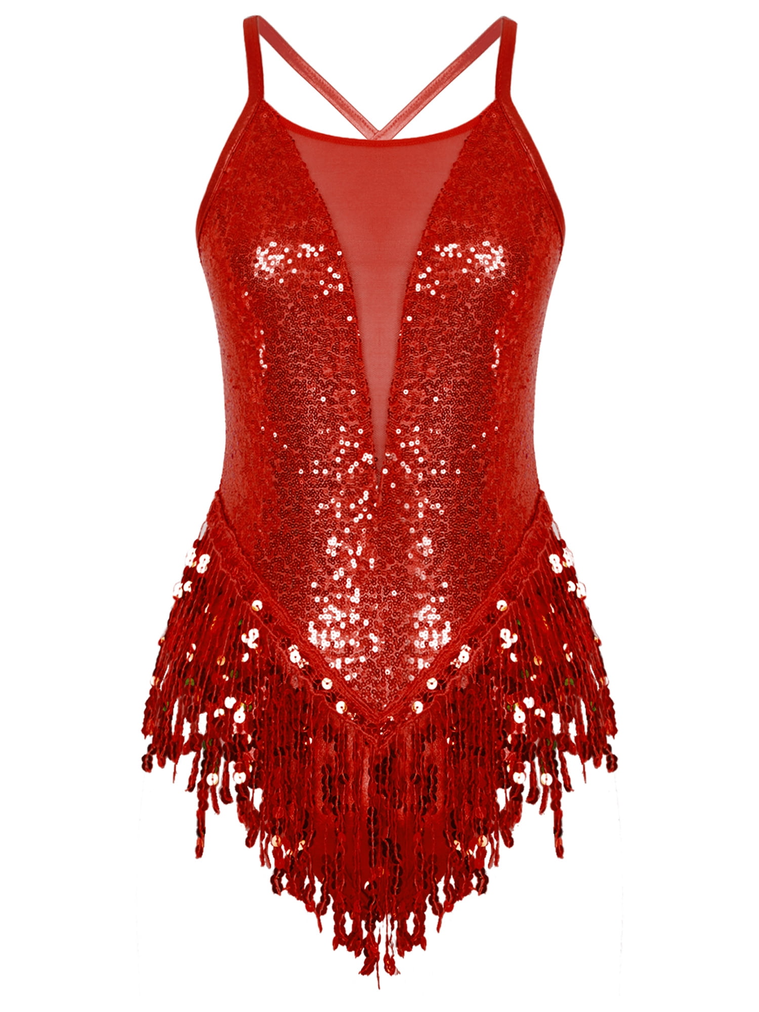 Lejafay Women Sparkling Sequins Fringed Leotard Tassel Latin Dance ...