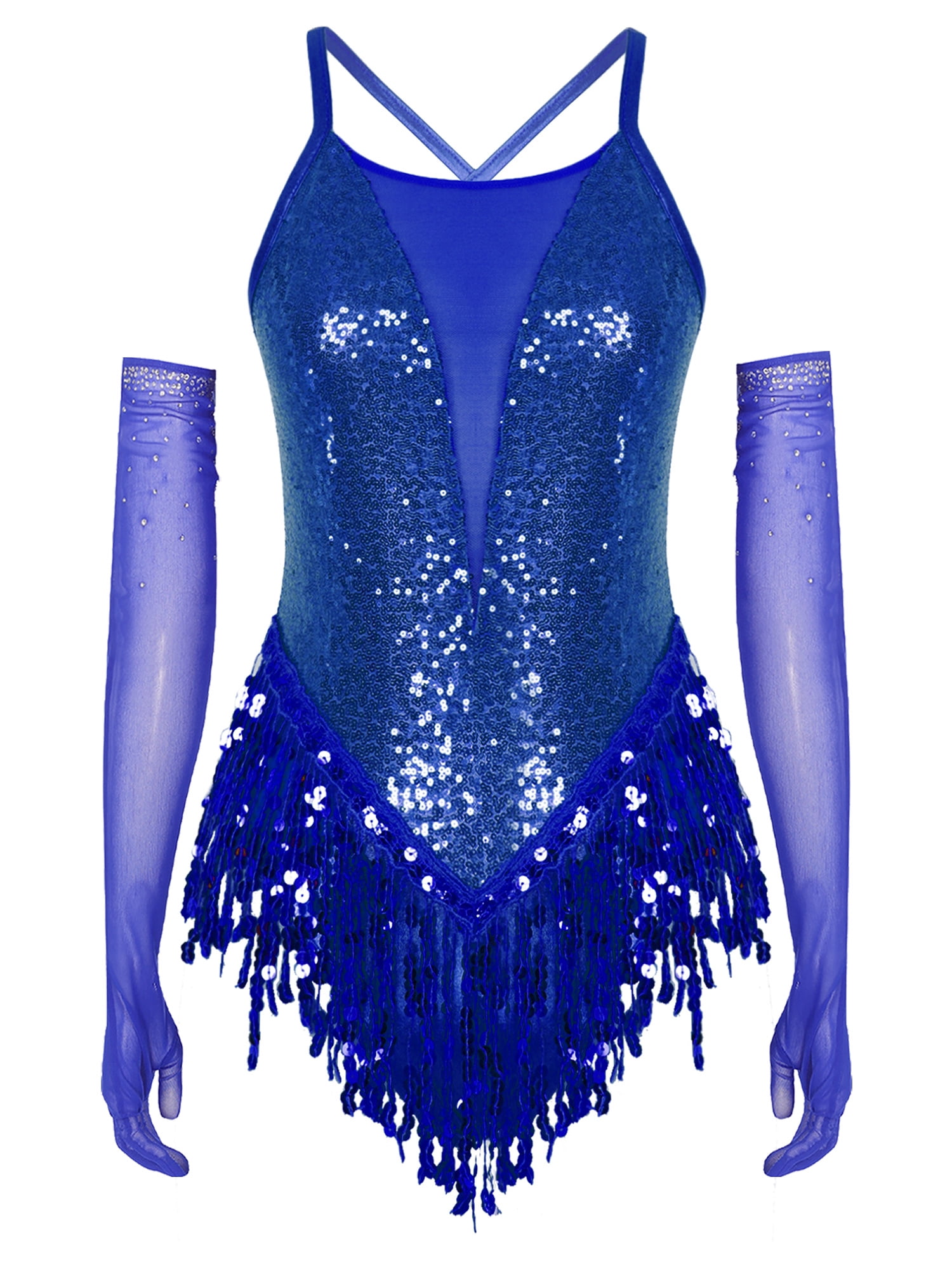 Lejafay Women's Sequin Latin Samba Rumba Cha Cha Leotard with Gloves ...