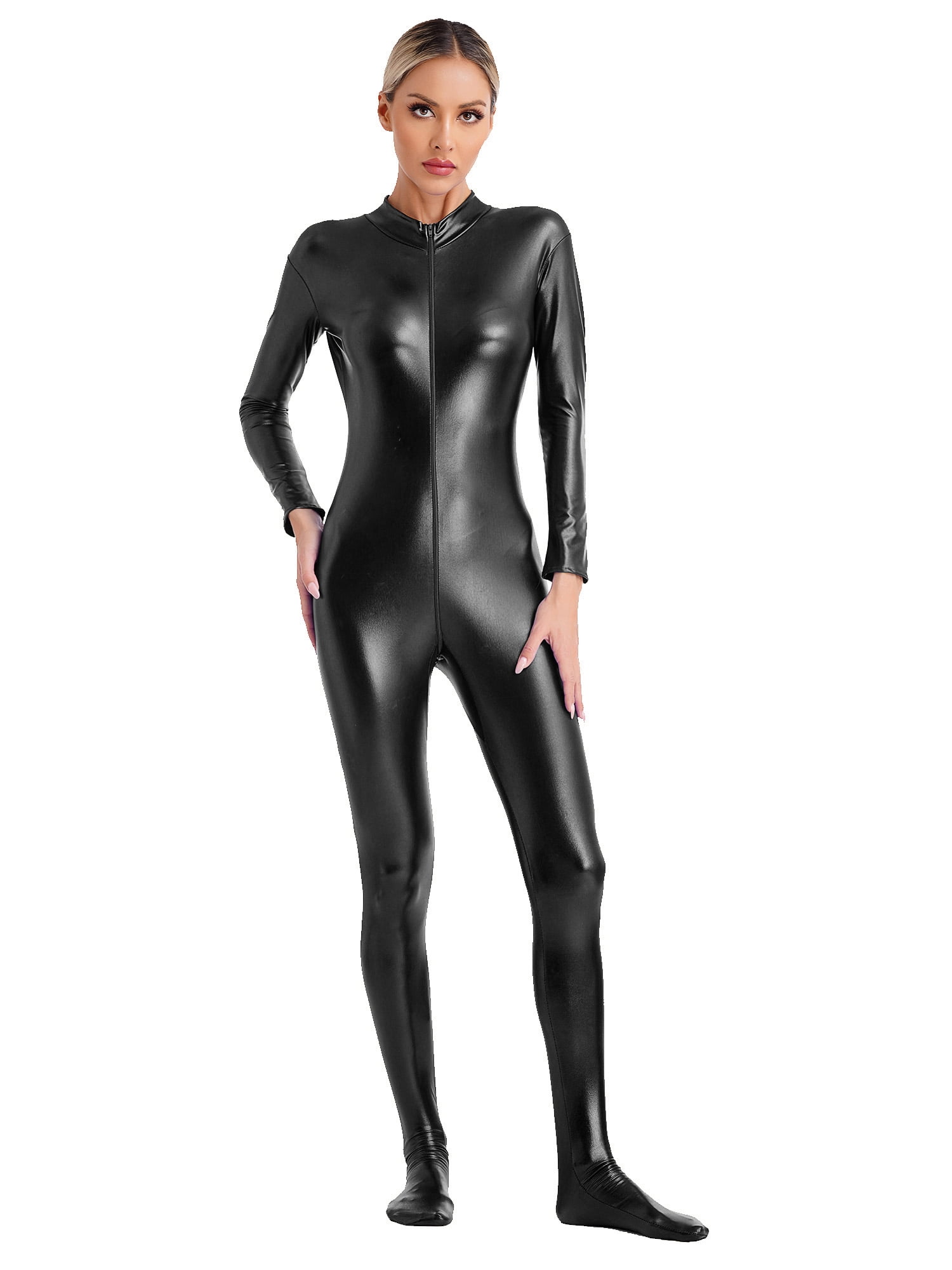 Lejafay Women's Shiny Metallic Bodysuit Front Zipper Full Body Jumpsuit ...