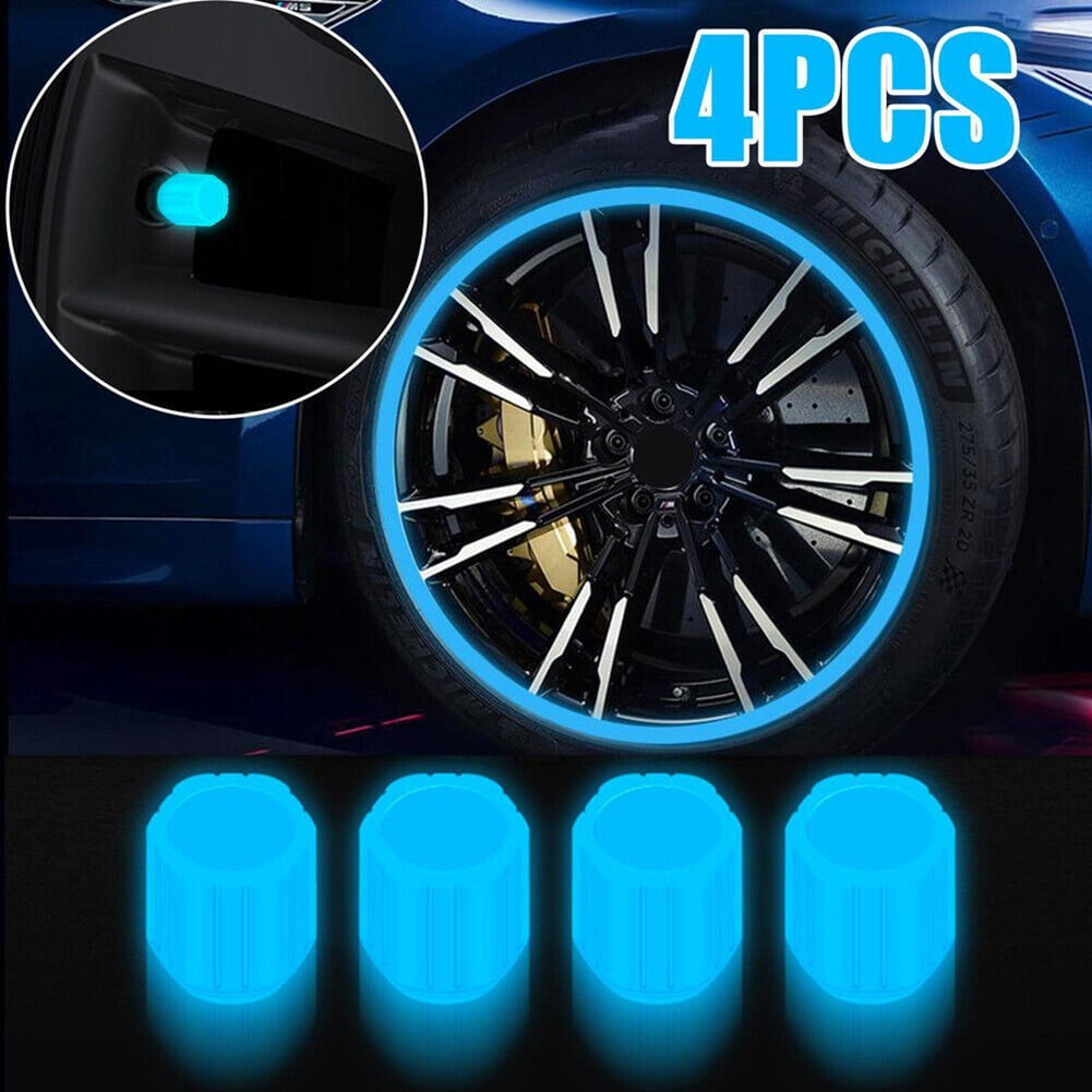 Leke 4x Blue Car Tire Valve Cover Tyre Rim Stem Cap Accessories Glow in ...
