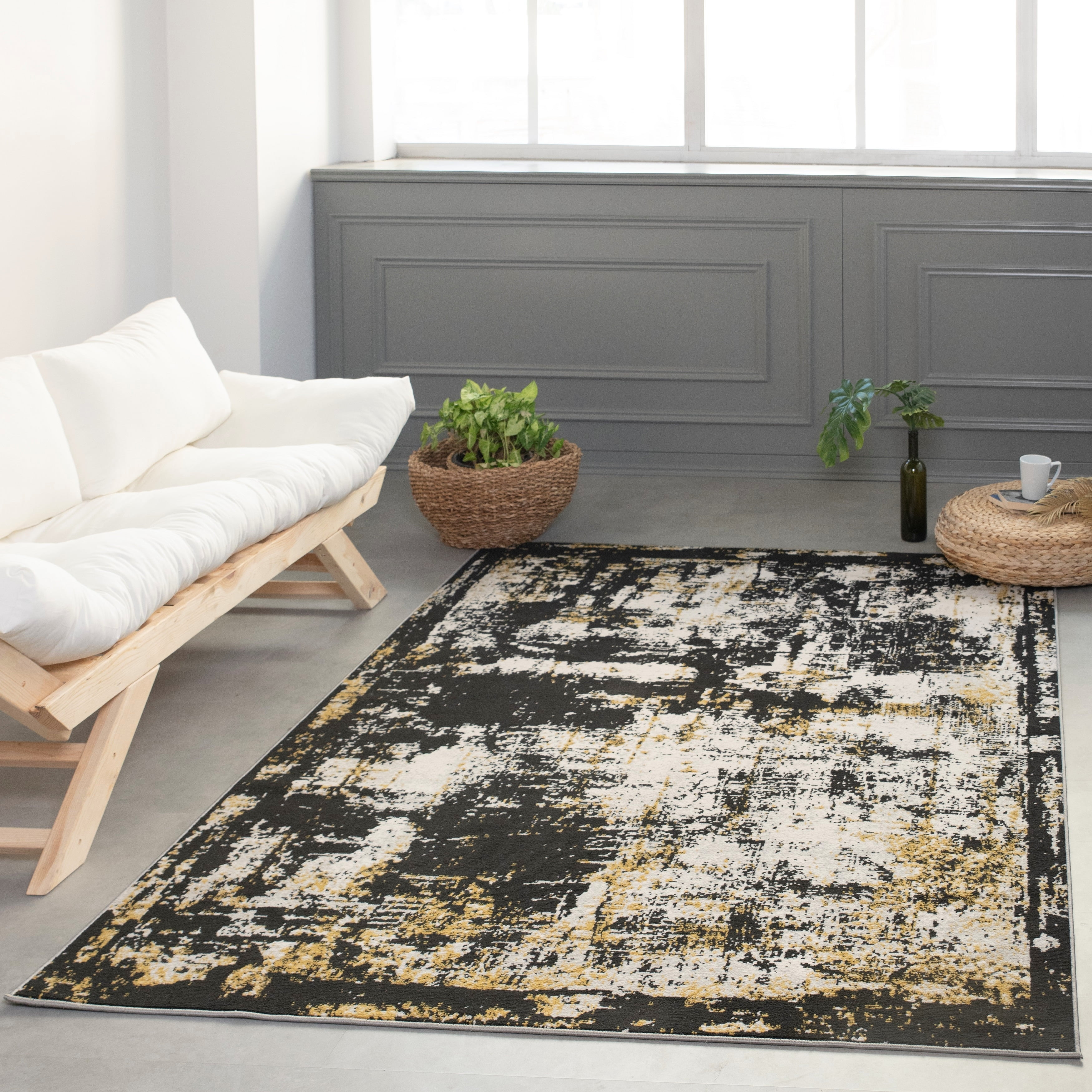 Lela Collection Neutral Ivory, Black, and Gold Abstract Polyester Rug 5 ...