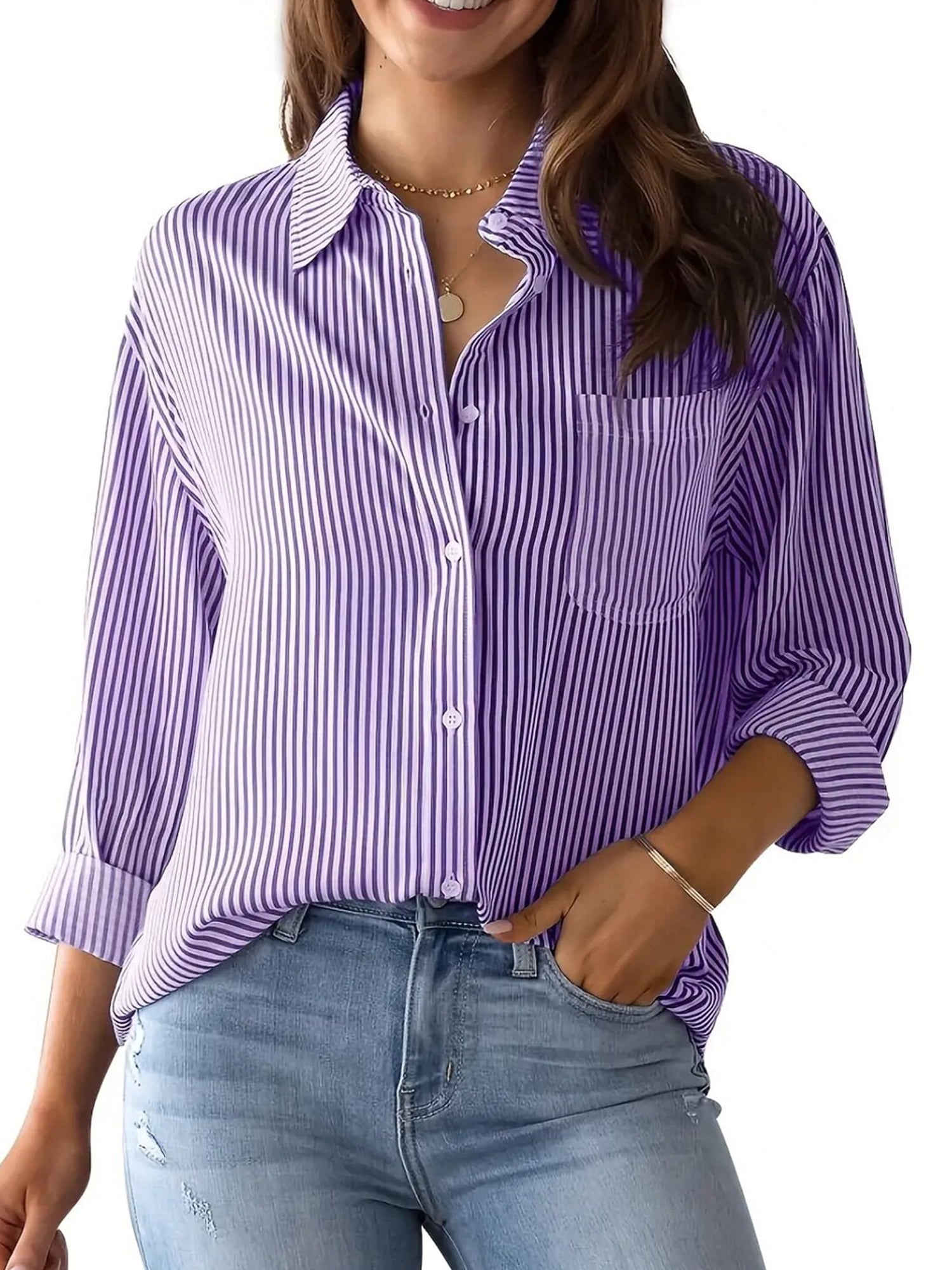 Lemento Ladies Shirts Button Down Blouse Long Sleeve Tops Women Loose Tunic Shirt Lapel Neck Top ...