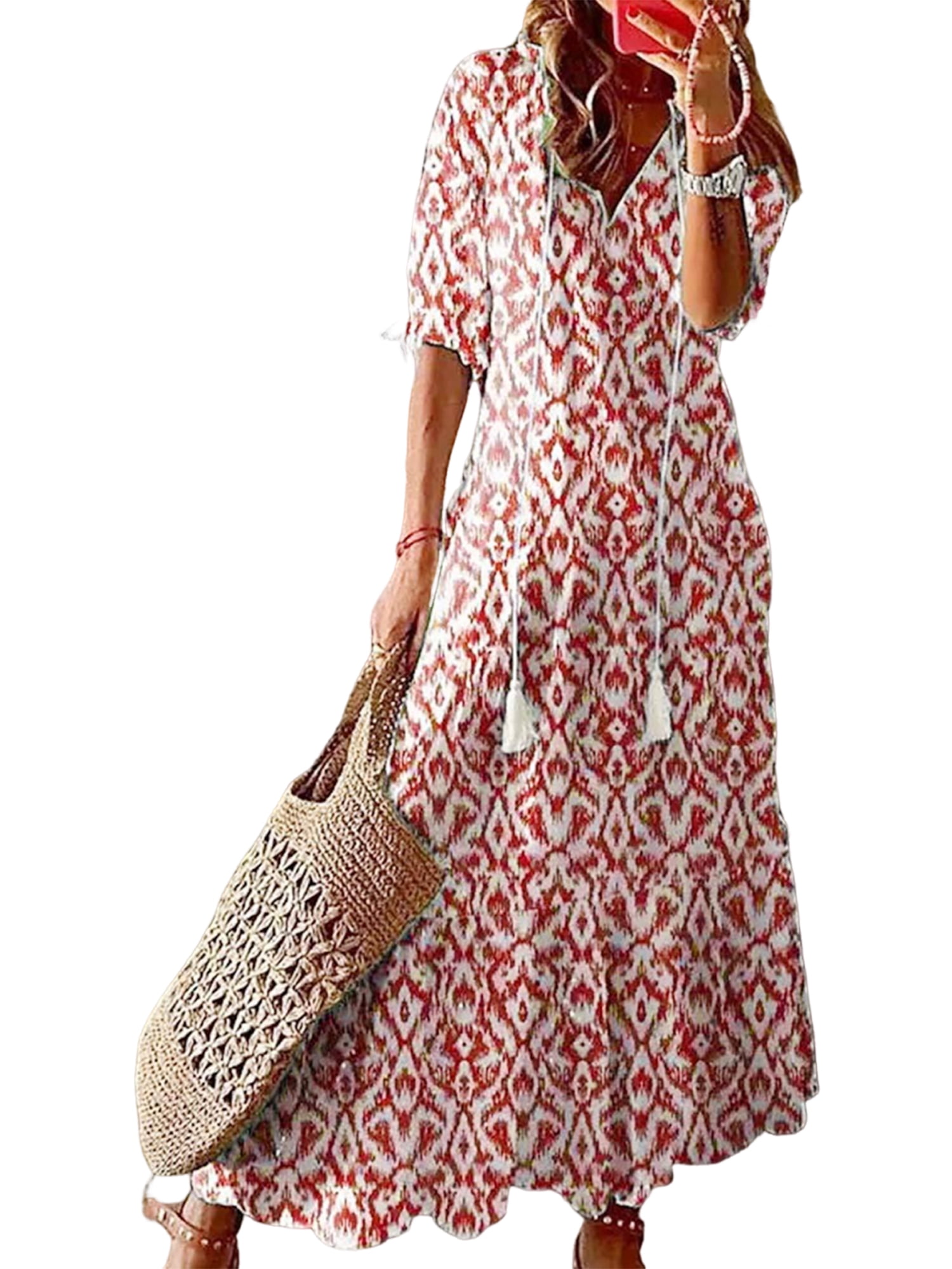 Lemento Women Maxi Dresses Summer Beach Long Dress Ladies V Neck Ethnic