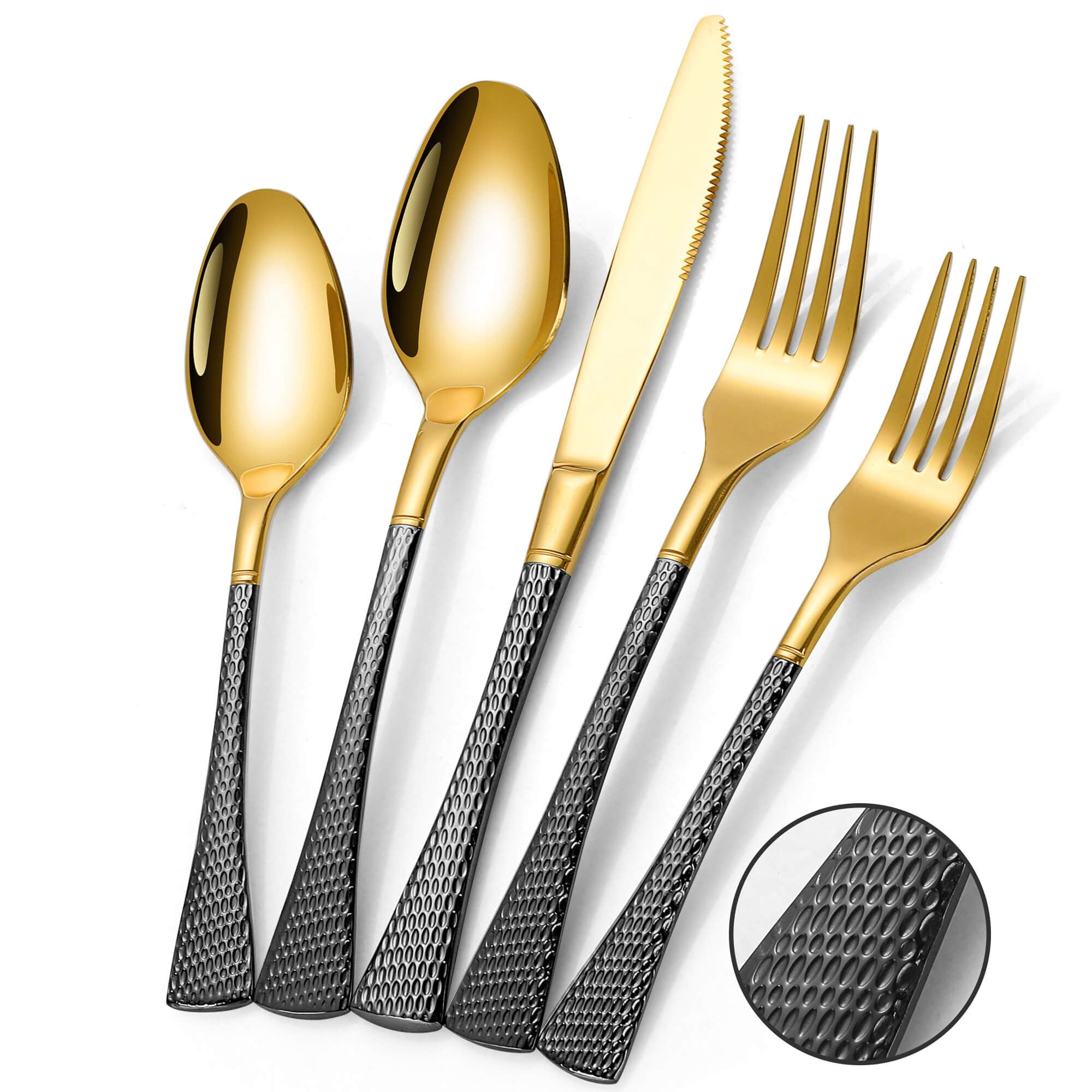 Lemeya Hammered Black Gold Silverware Set,20 Piece Modern Set Service ...