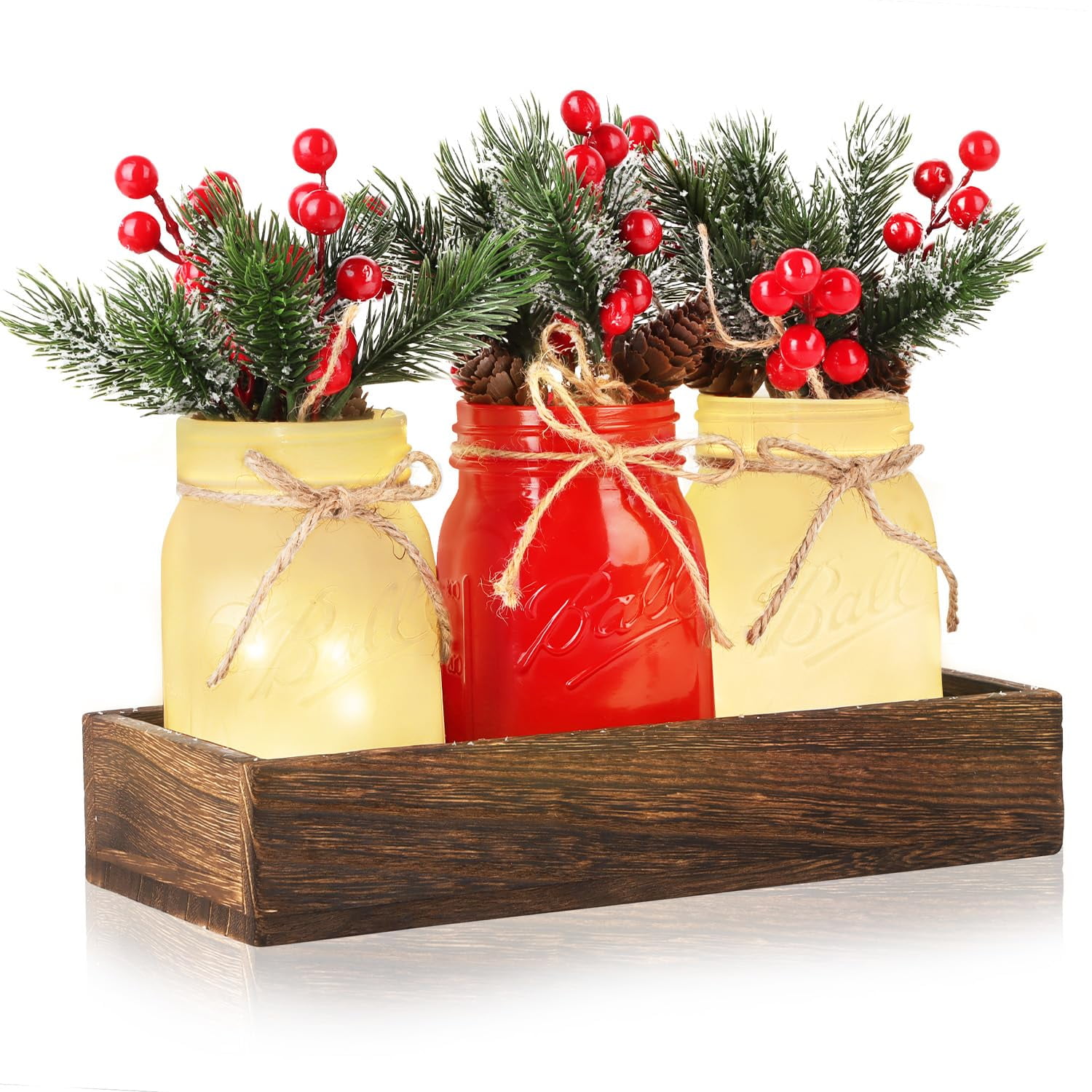Lemicin Christmas Mason Jar, Winter Mason Jar with Light Christmas Table Centerpiece Wooden Tray ...