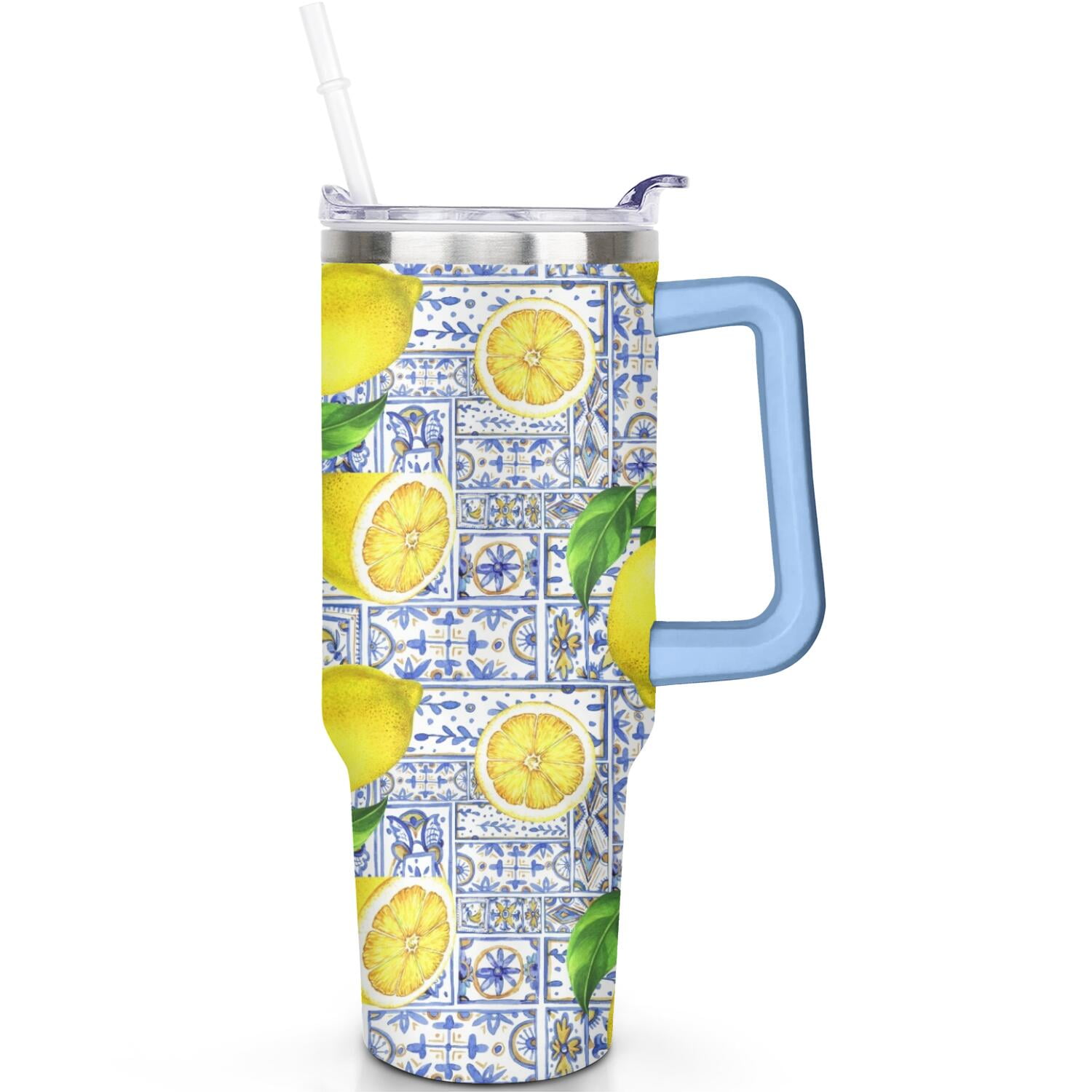 Lemon 40 oz Tumbler with Handle & Straw Lemon Theme 40oz Tumbler Spill ...