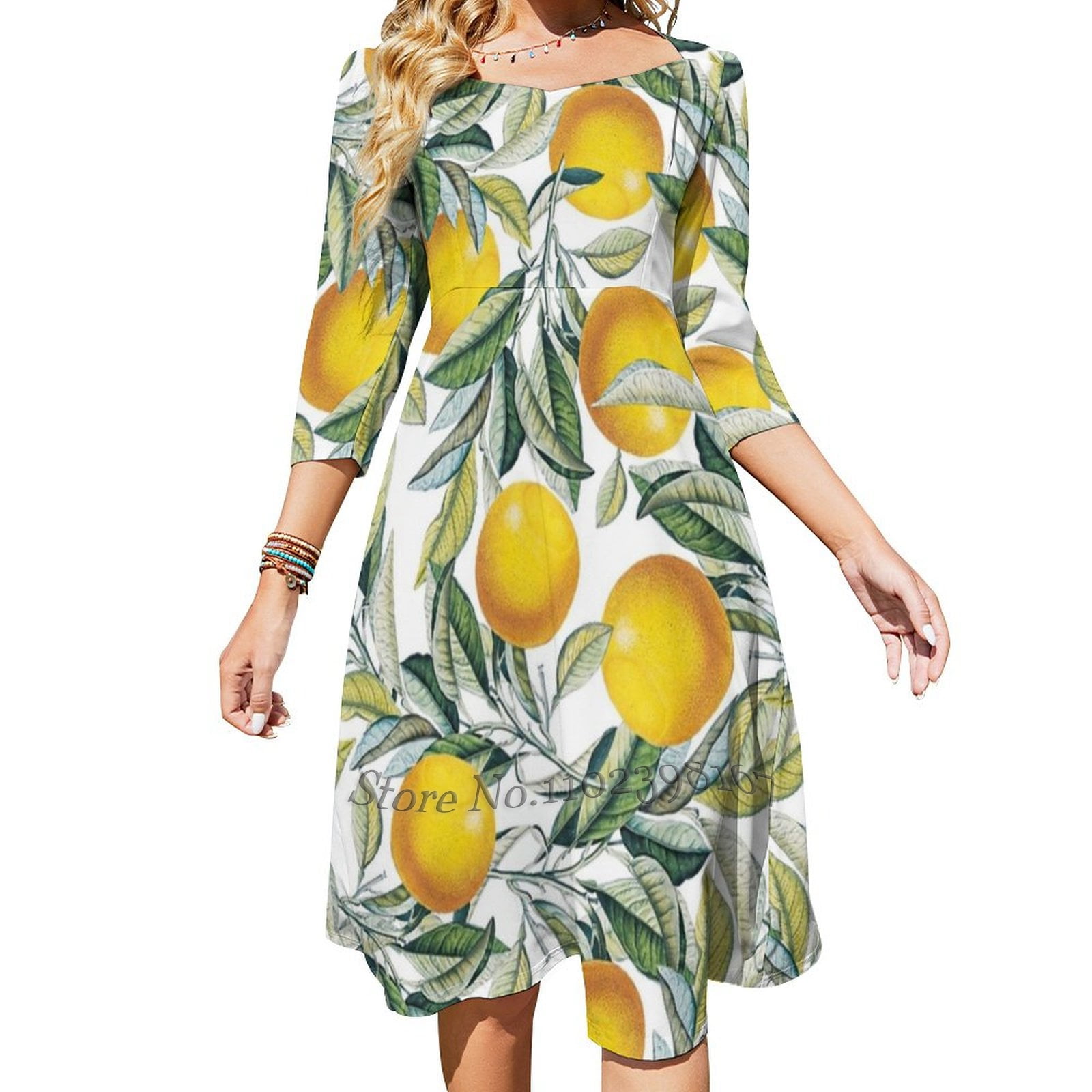 Lemon And Leaf Pattern Vi Square Neck Dress Sweet Summer Dress Women ...