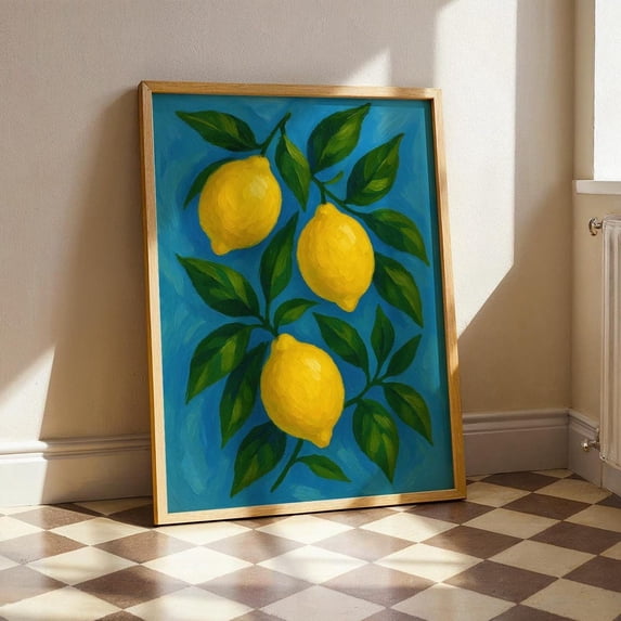 Lemon Art Mediterranean Style Vibrant Yellow Lemons On Blue Kitchen ...