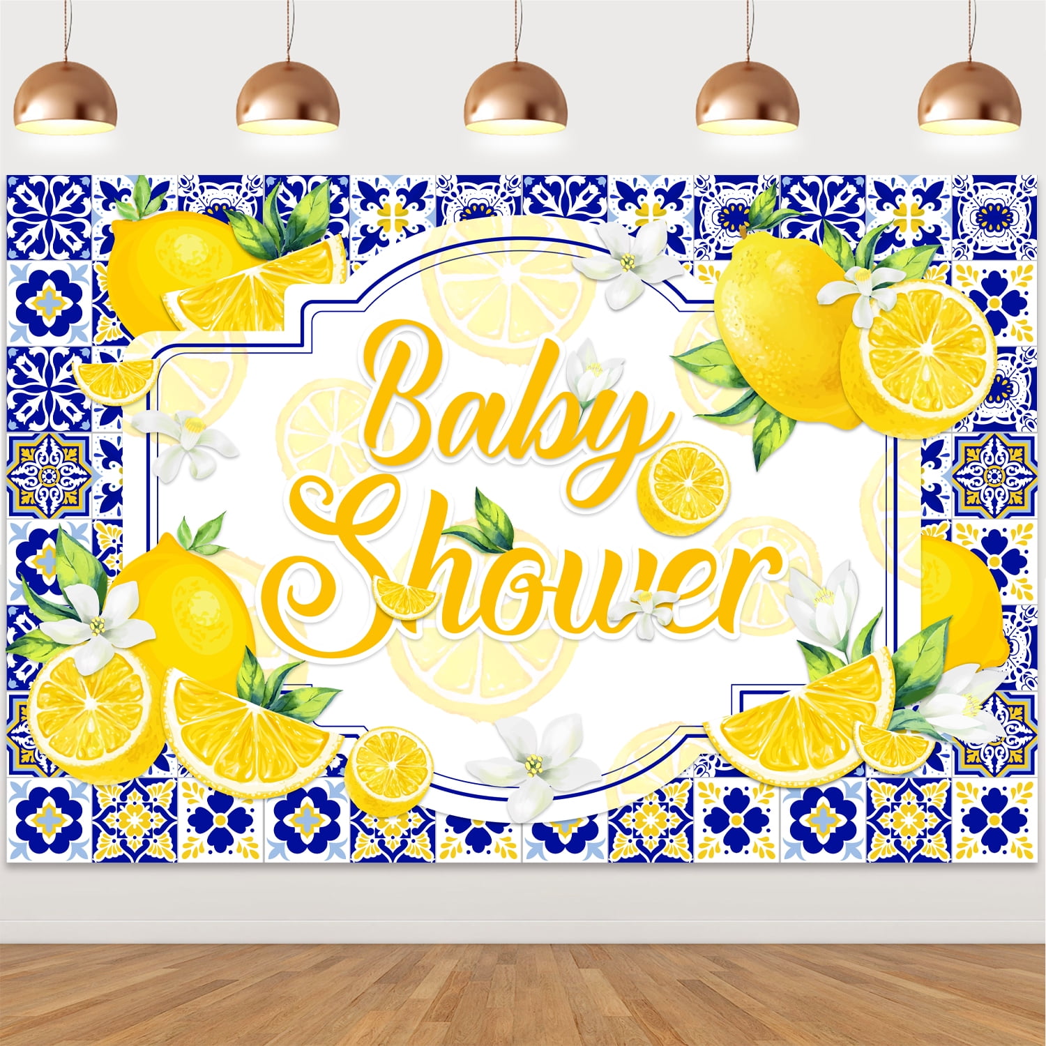 Lemon Baby Shower Backdrop Blue Tile Lemon Birthday Party Photography ...