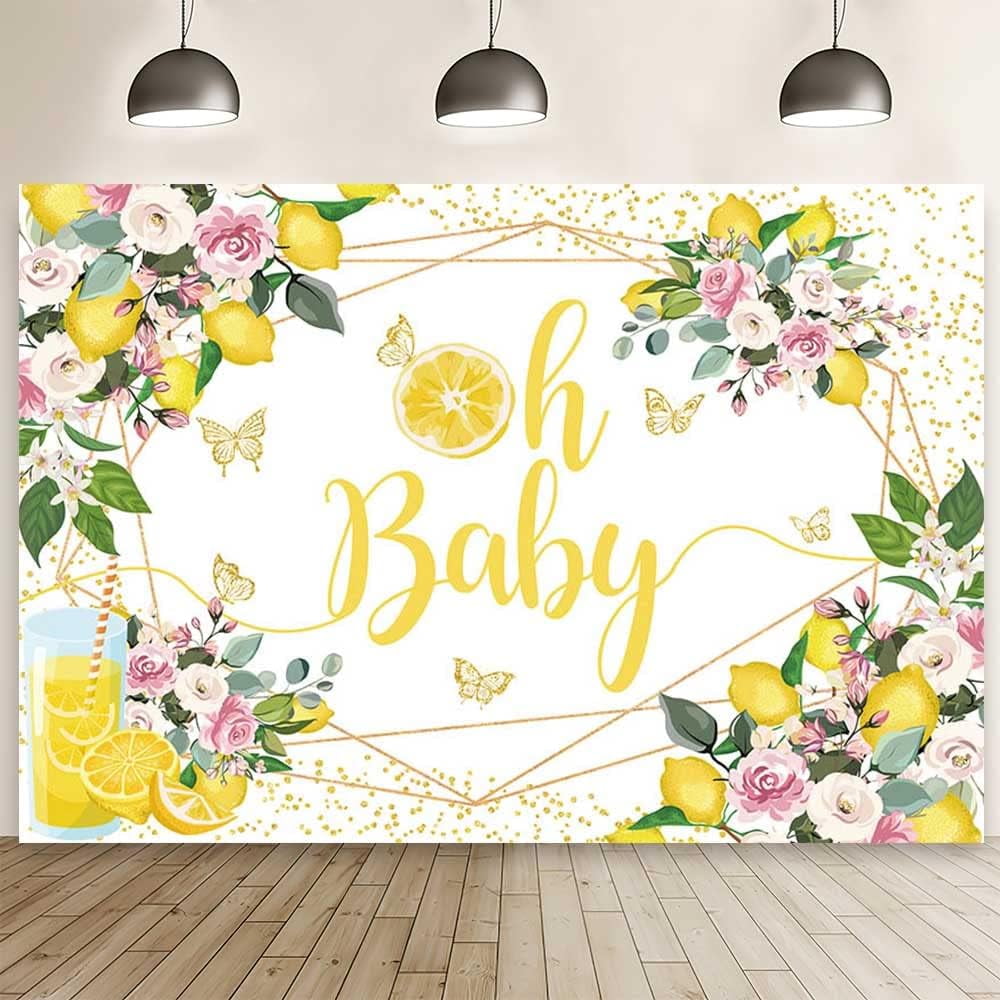 Lemon Baby Shower Backdrop for Girls Pink and White Floral Photography ...